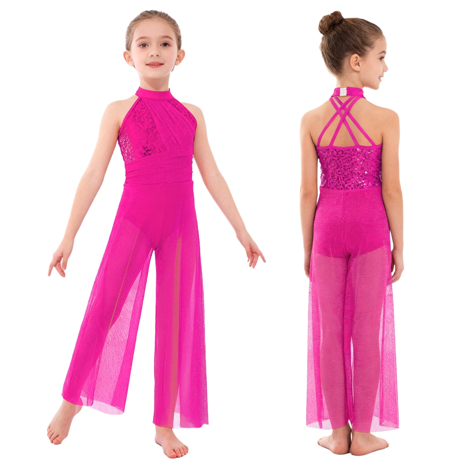 Aislor Big Girls Mesh Split Wide-Leg Bodysuit Sequins Bodice Figure ...
