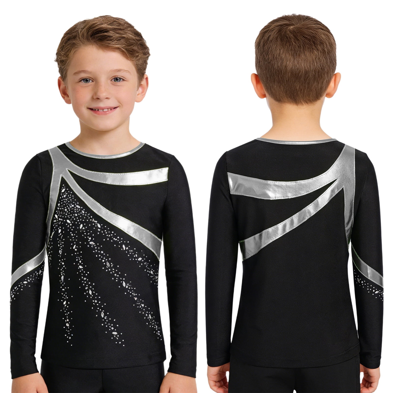 Aislor Boys Sparkly Figure Ice Skating T-shirt Long Sleeve Crew Neck ...
