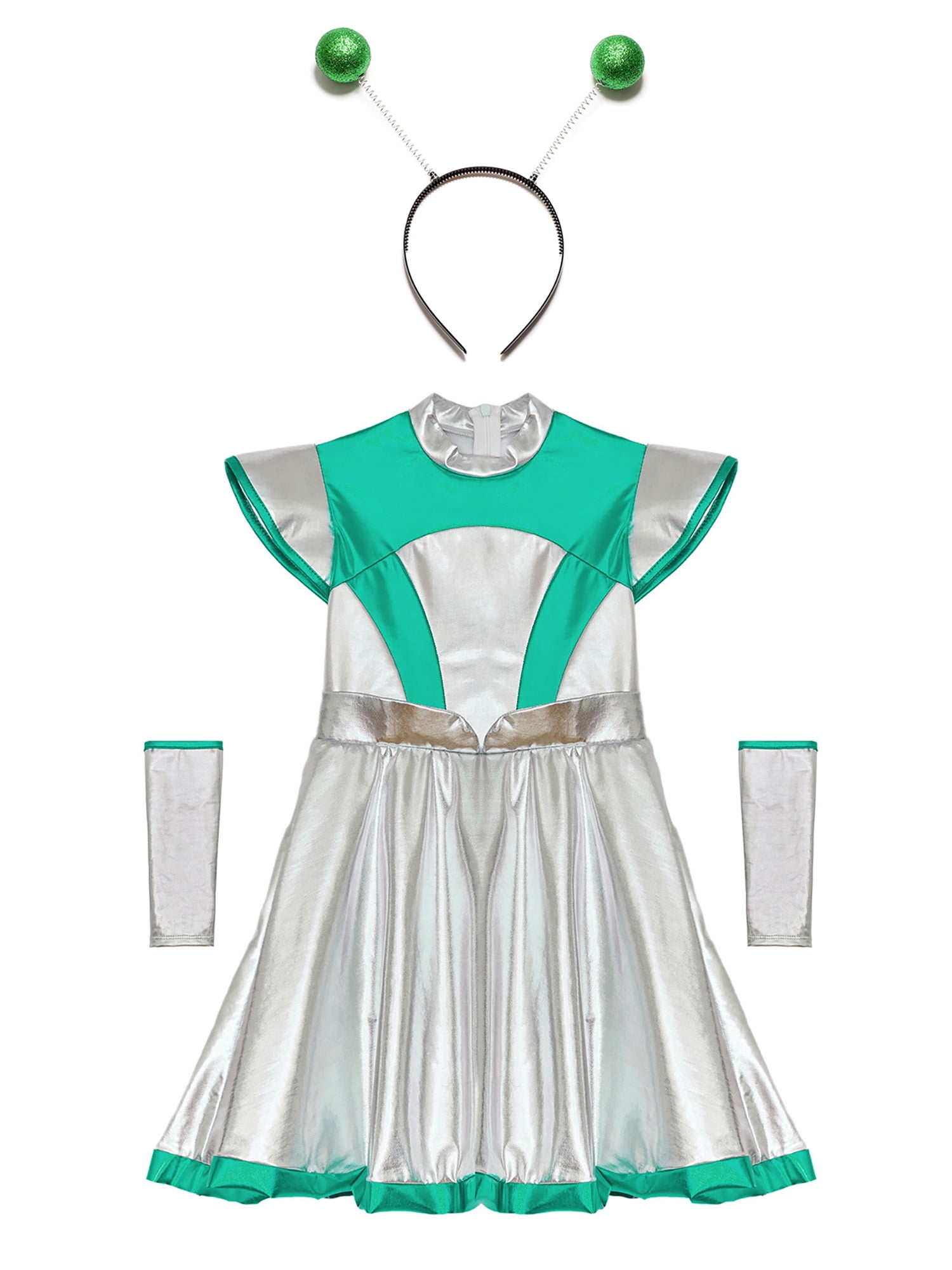 Aislor Girls Alien Costume Halloween Space Man Dress Up Metallic Dress ...