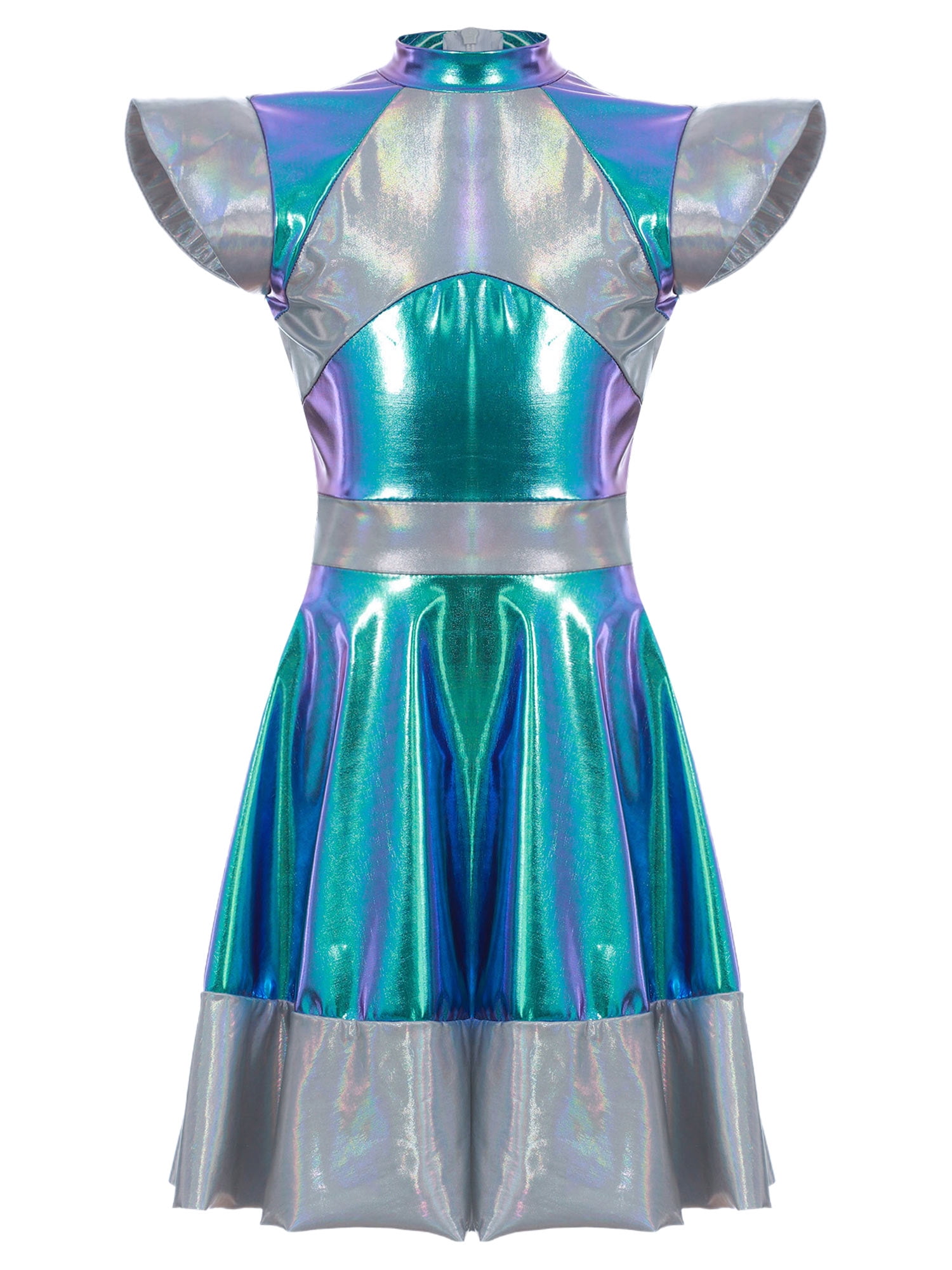 Aislor Girls Alien Costume Kids Cap Sleeve Glossy Outer Space Dress ...