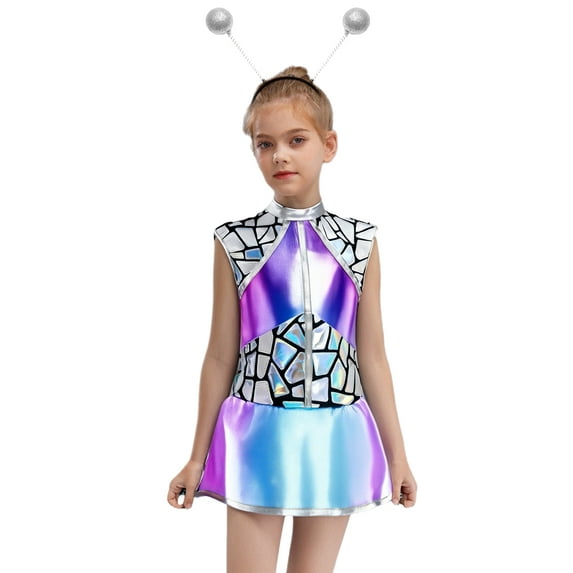 Aislor Girls Alien Outfit Sequins Metallic Dance Dress with Antennas ...