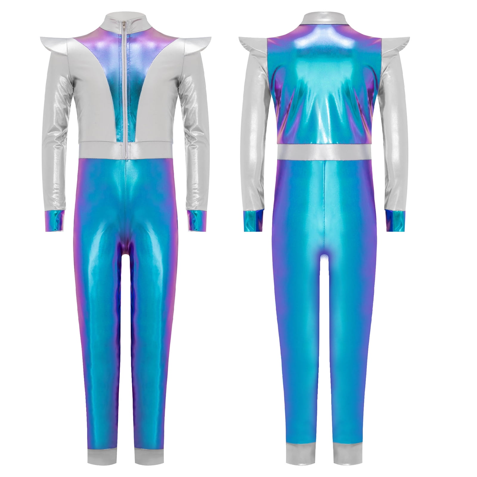 Aislor Girls Alien Silver Metallic Jumpsuit Long Sleeve Front Zipper ...