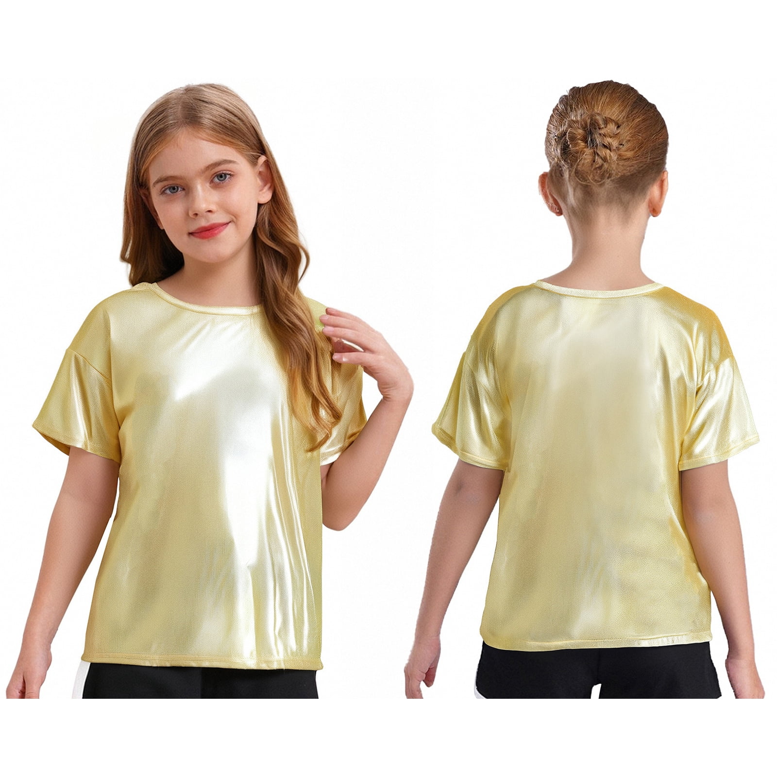 Aislor Girls Boys Shiny Metallic Modern Dance Jazz Top Short Sleeve ...
