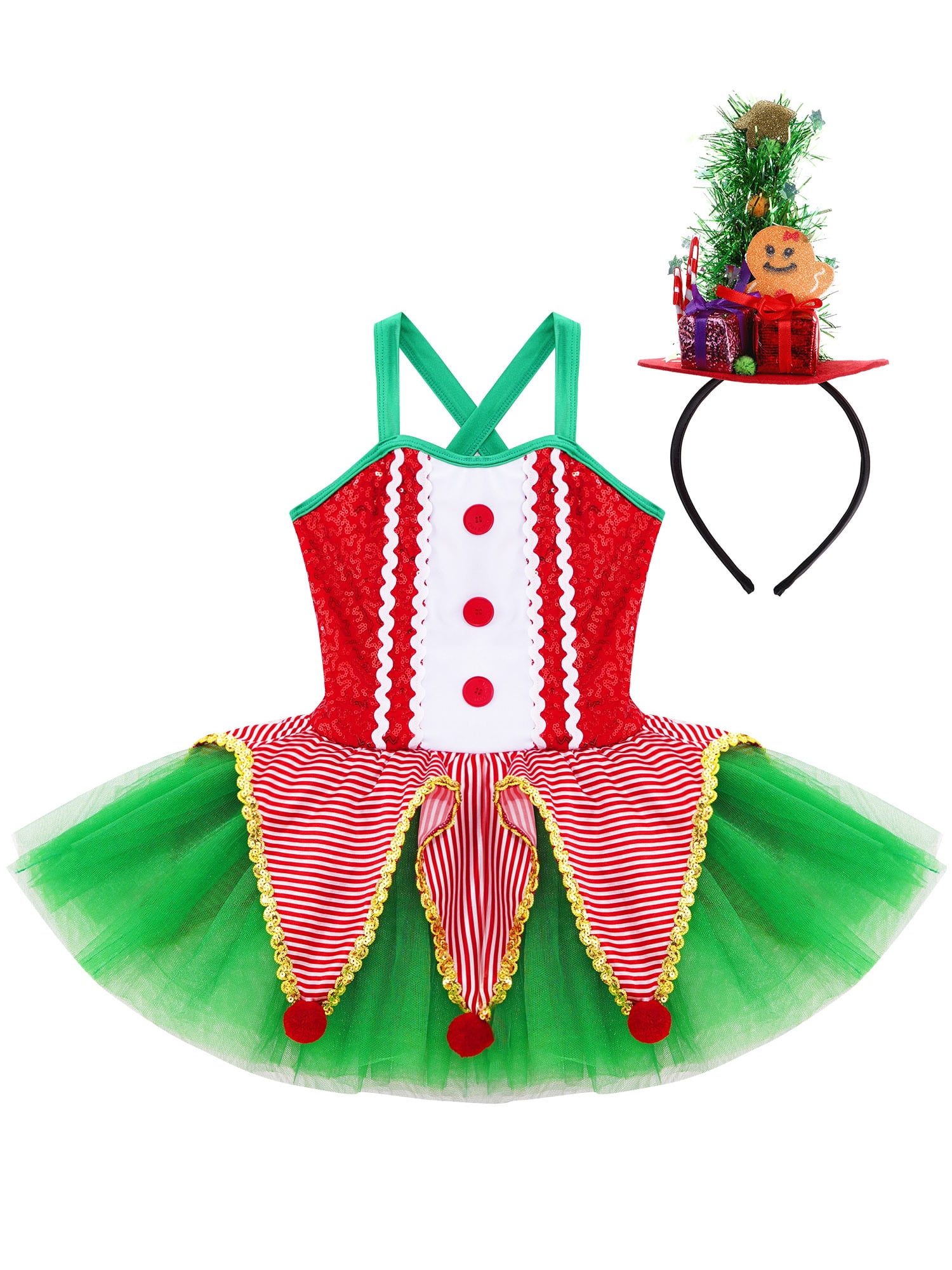 Aislor Girls Christmas Santa's Elf Costume Sleeveless Pompom Mesh Tutu ...