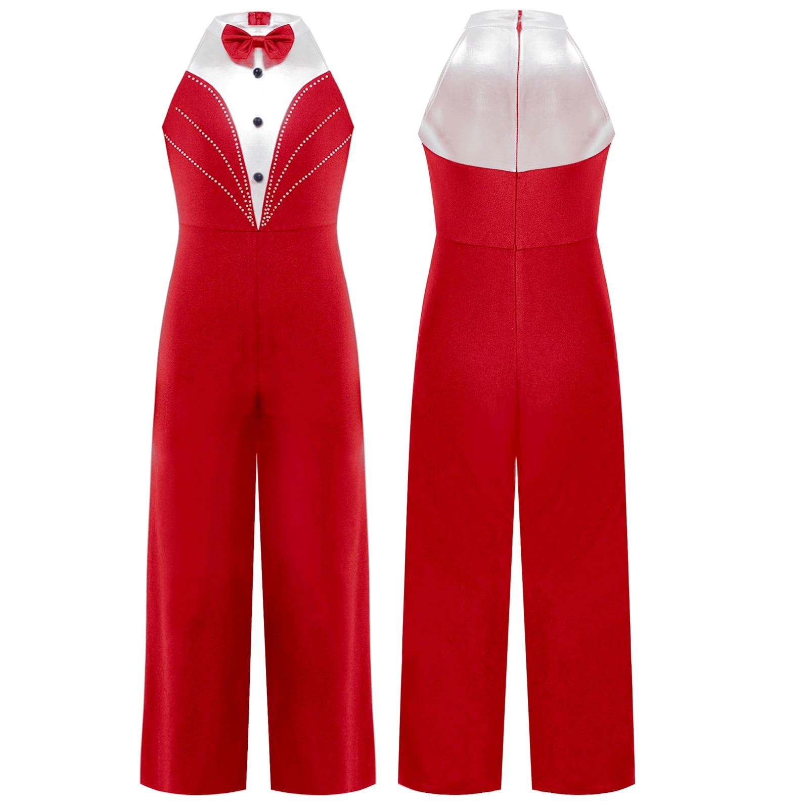 Aislor Girls Color Block Latin Jazz Dance Costume Sleeveless Bowtie Tuxedo Leotard Disco Costume