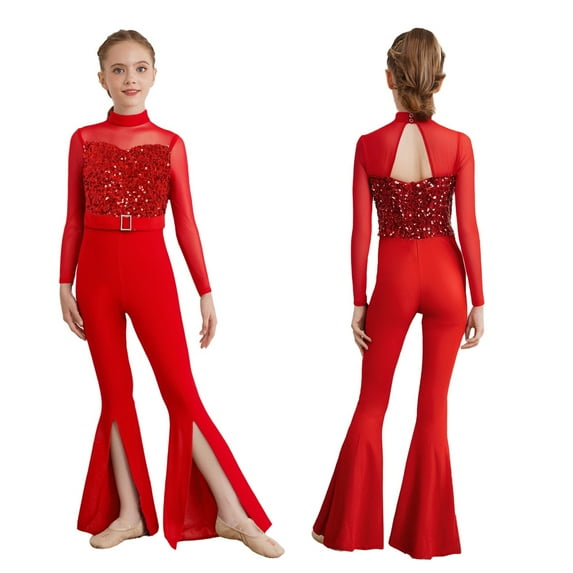 Aislor Girls Full Body Unitard Disco Party Bell-Bottom Shiny Sequins ...