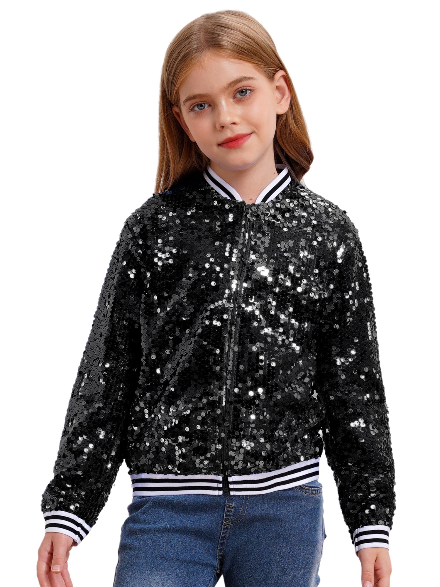 Aislor Girls Full Sequin Jackets Long Sleeve Bomber Jacket Zip Up Coat ...