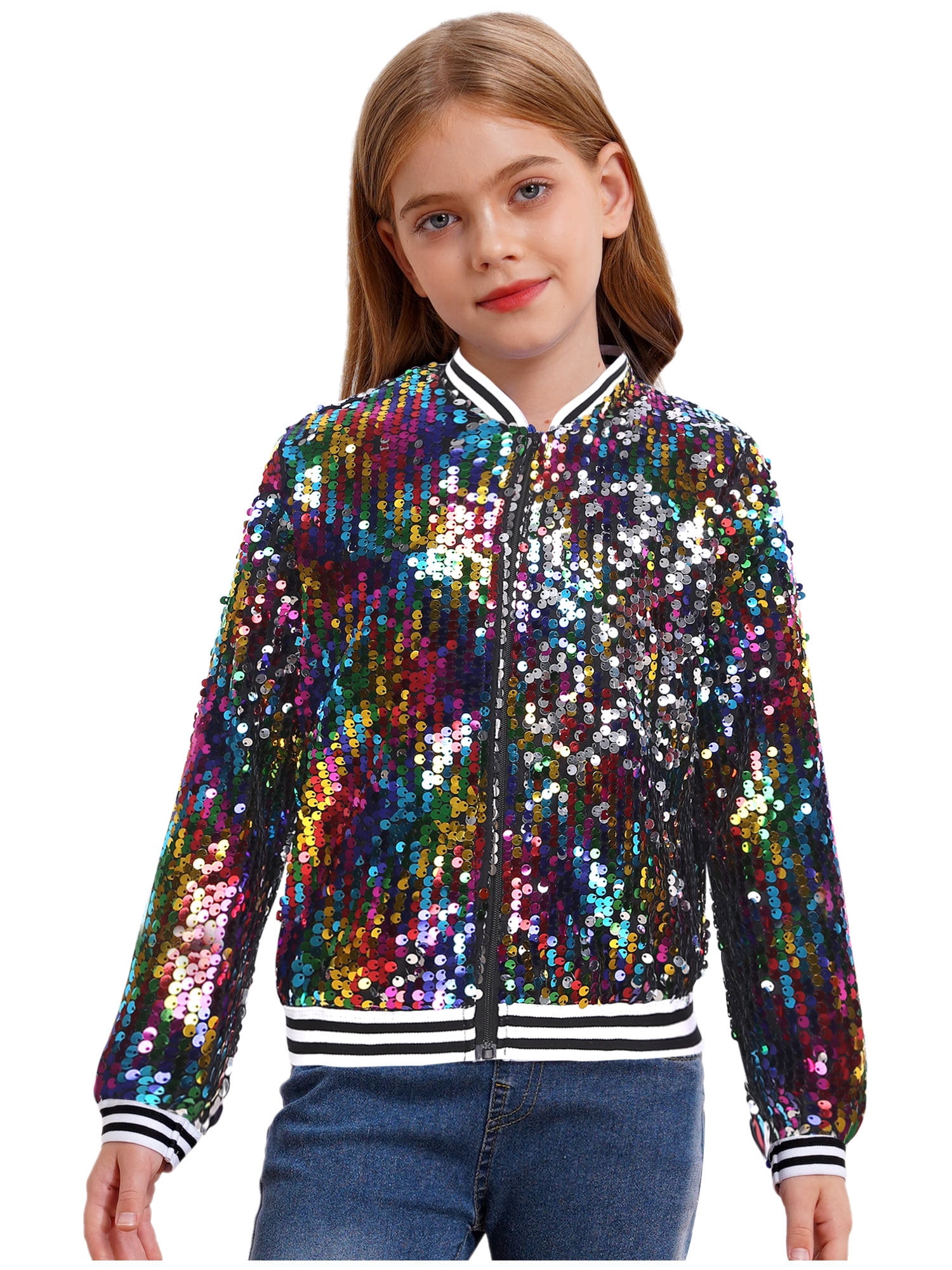 Aislor Girls Full Sequin Jackets Long Sleeve Bomber Jacket Zip Up Coat ...