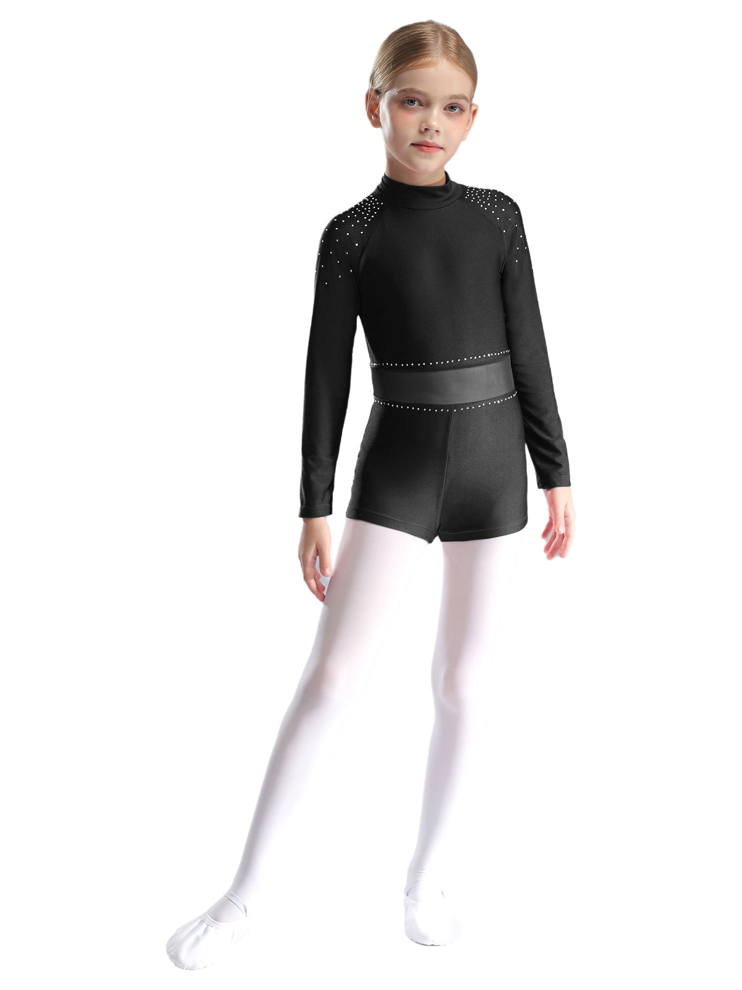 Aislor Girls Glitter Rhinestone Long Sleeve Mock Neck Gymnastics Dance ...