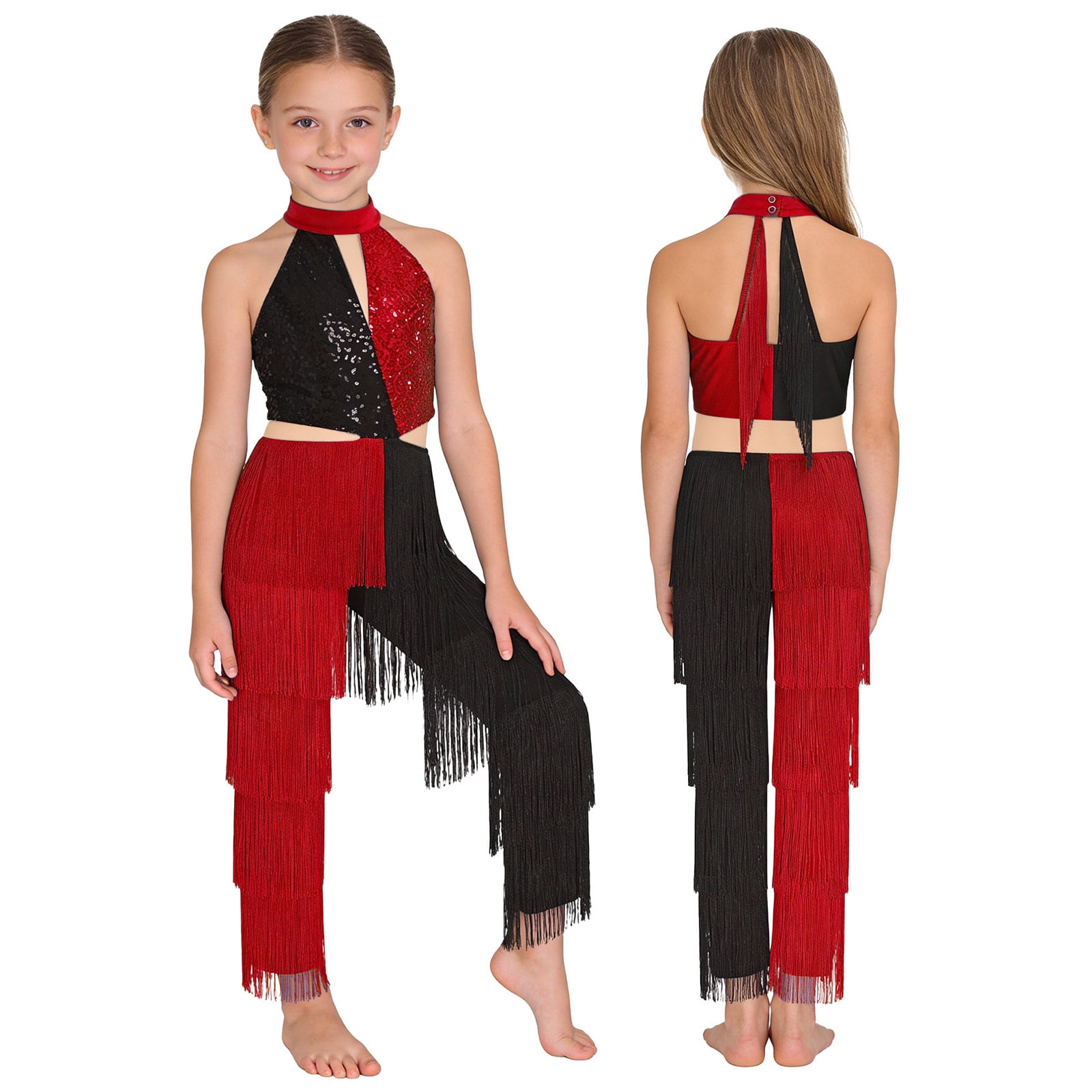 Aislor Girls Latin Dance Performance Bodysuit Shiny Sequin Tassel ...