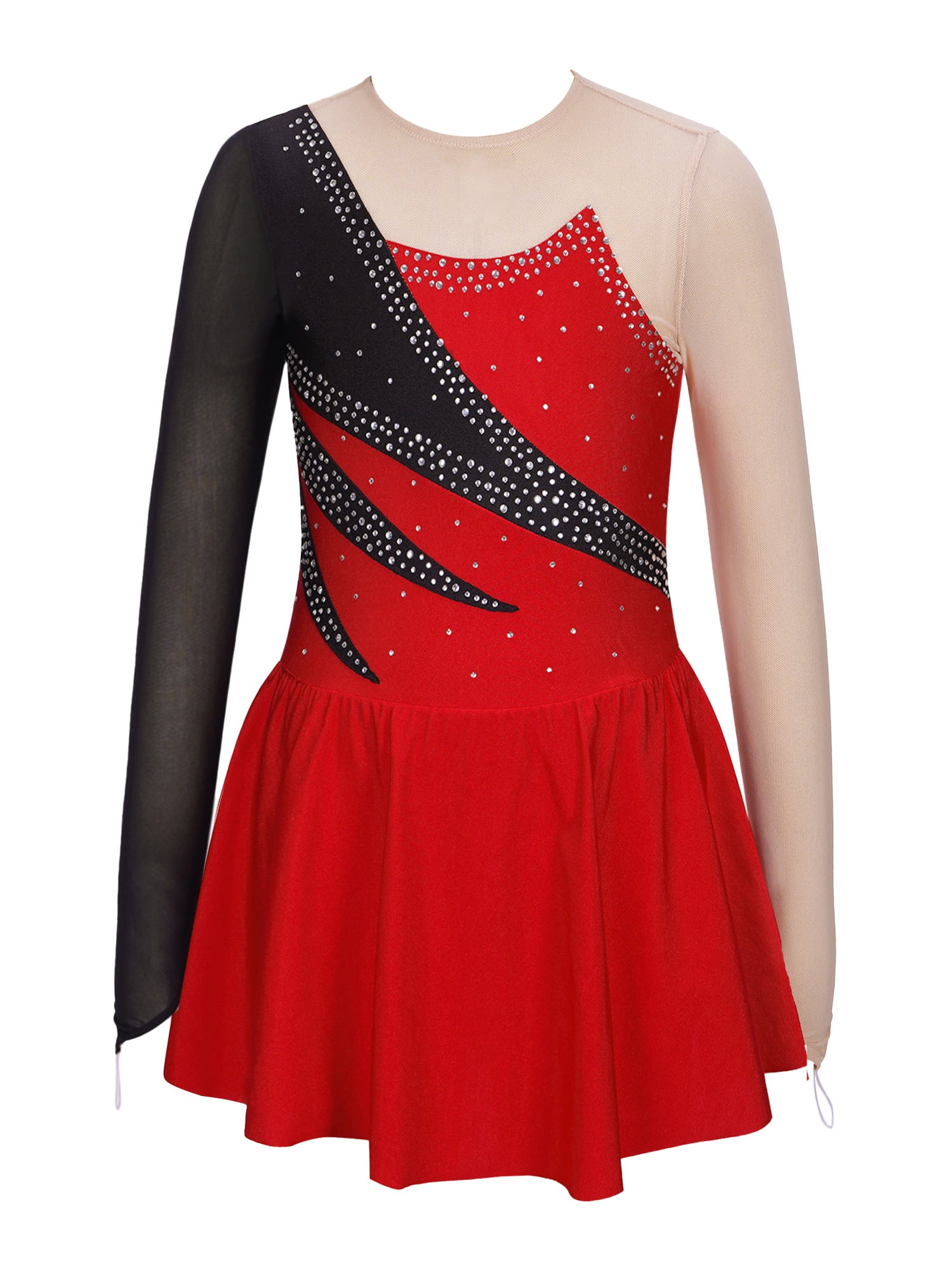 Aislor Girls Mesh Long Sleeve Figure Ice Skating Dress Rhinestone ...