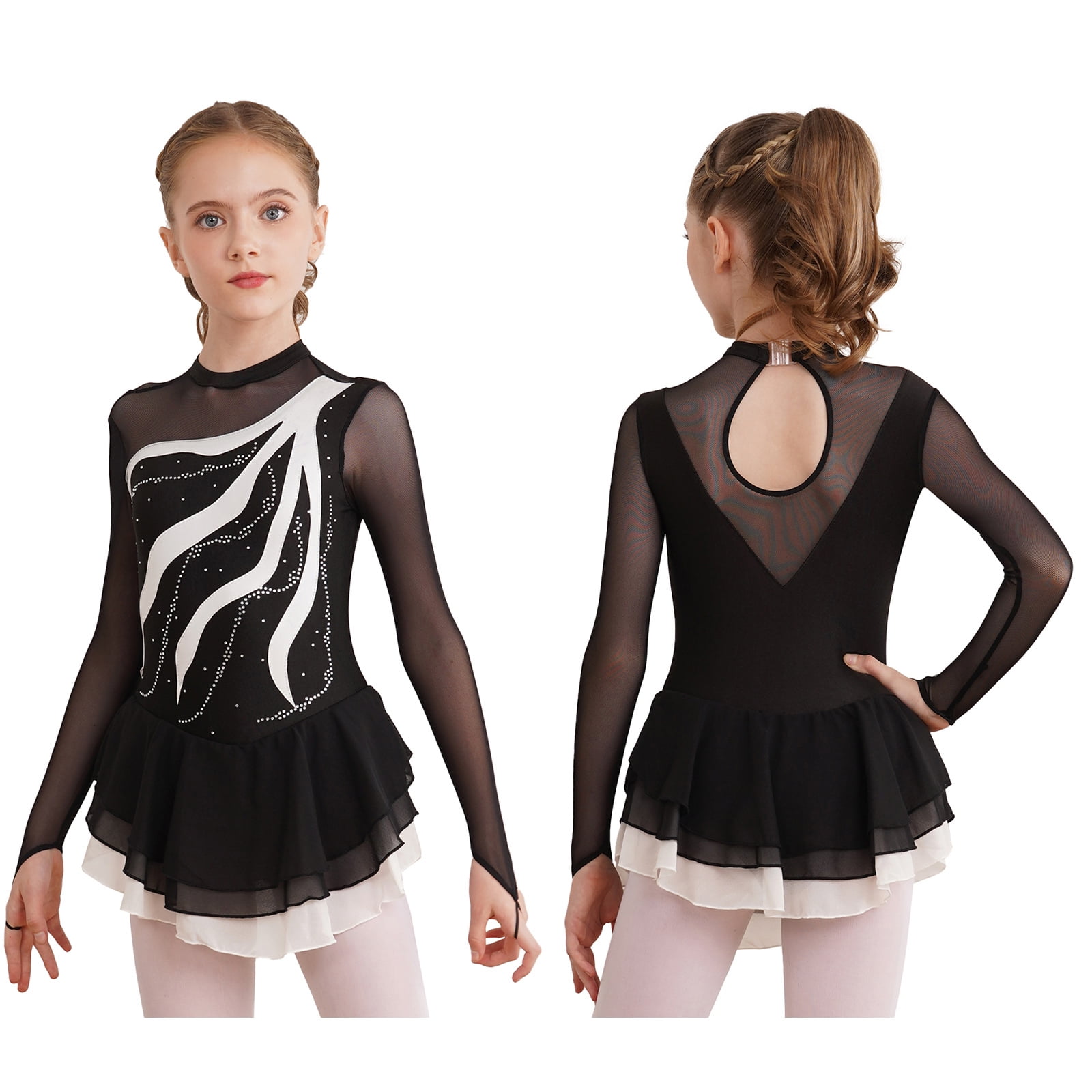 Aislor Girls Mesh Splice Figure Ice Skating Long Sleeves Ballet Dance ...