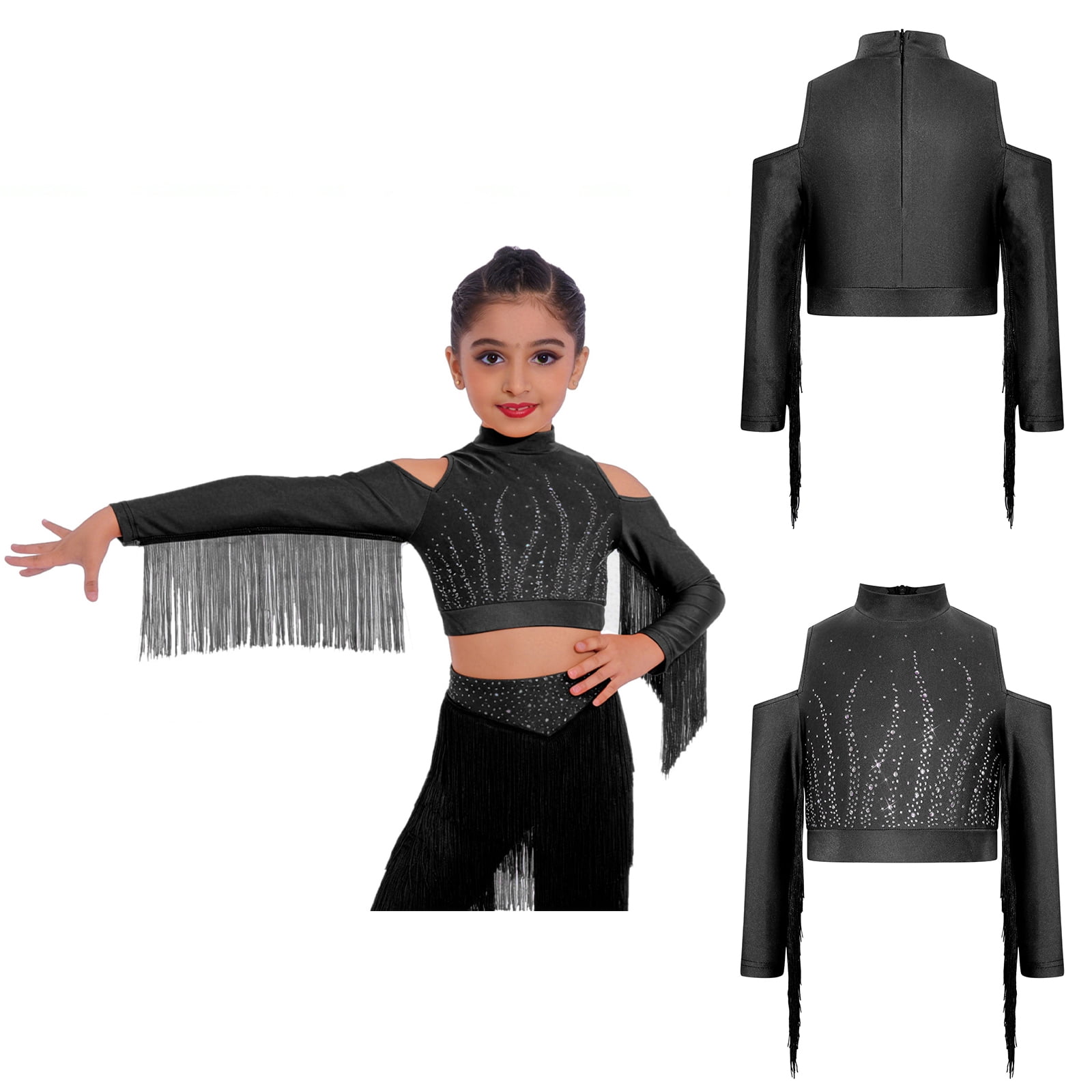 Aislor Girls Salsa Cha Cha Latin Dance Cold Shoulder Tassel Shiny ...