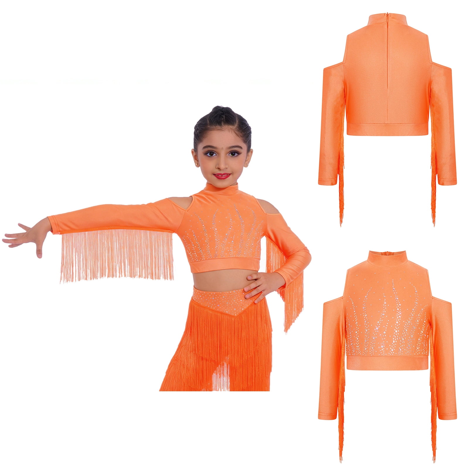 Aislor Girls Salsa Cha Cha Latin Dance Cold Shoulder Tassel Shiny ...