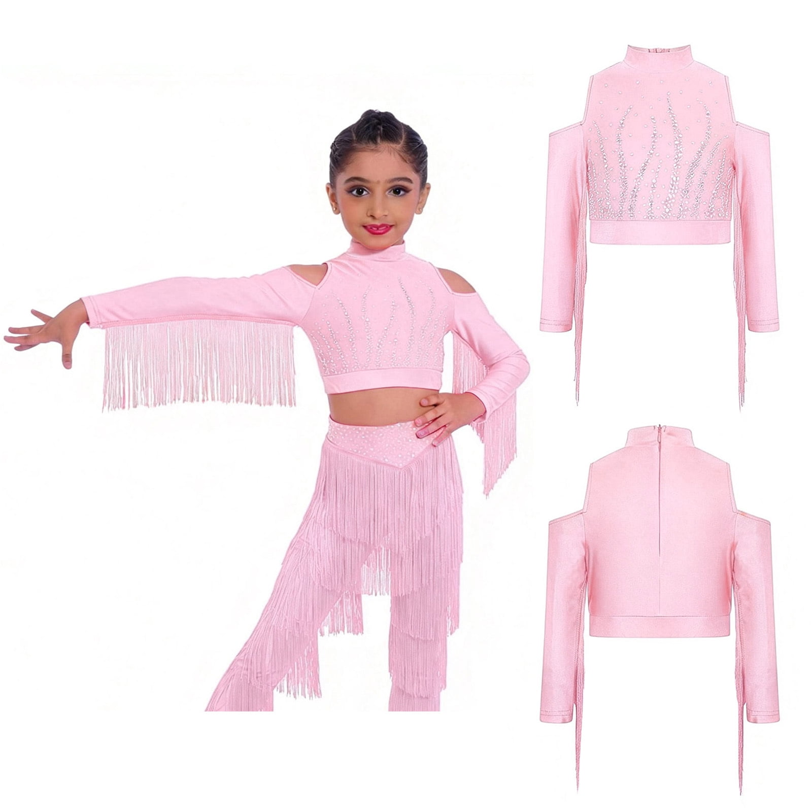 Aislor Girls Salsa Cha Cha Latin Dance Cold Shoulder Tassel Shiny ...