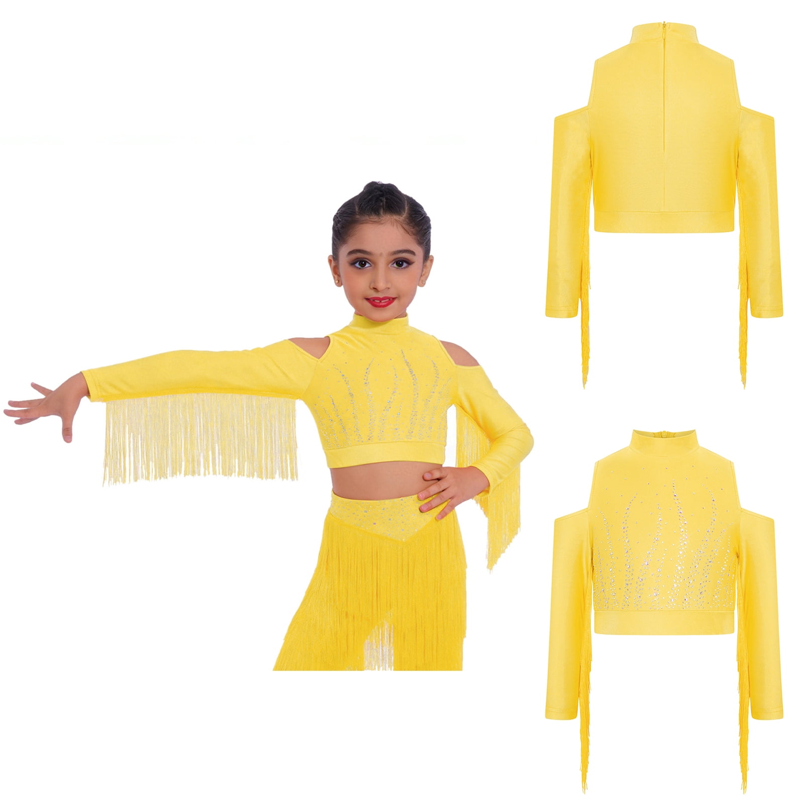 Aislor Girls Salsa Cha Cha Latin Dance Cold Shoulder Tassel Shiny ...