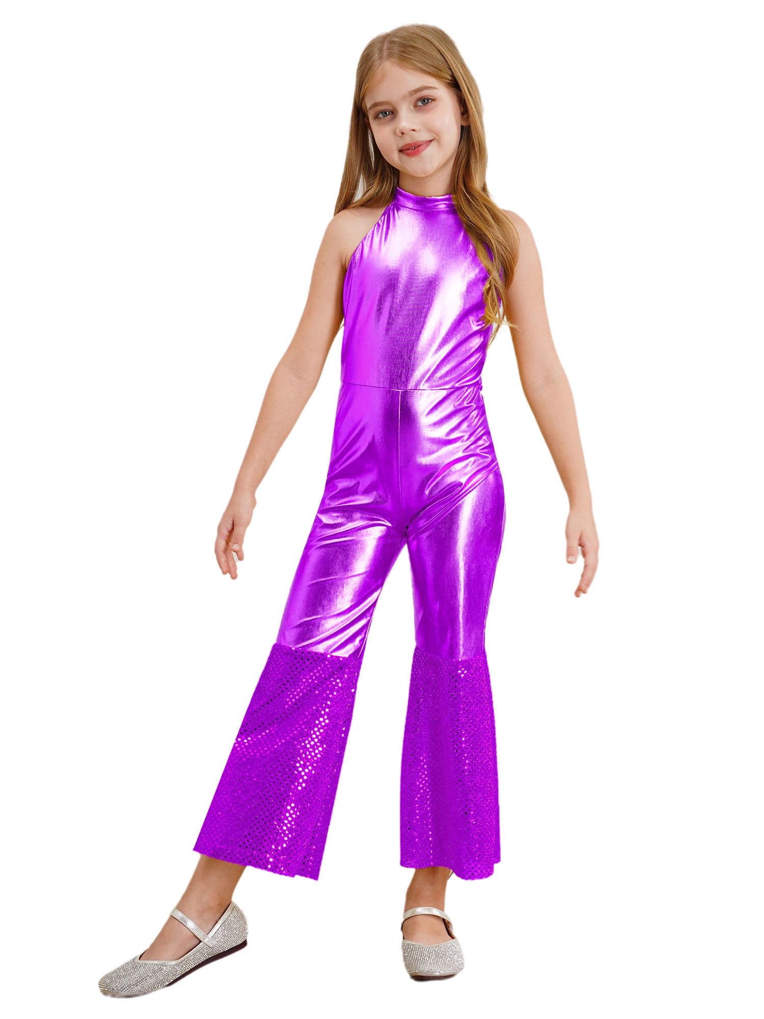 Aislor Kids Girls Disco Dance Jumpsuit Halter Neck Sequins Metallic ...