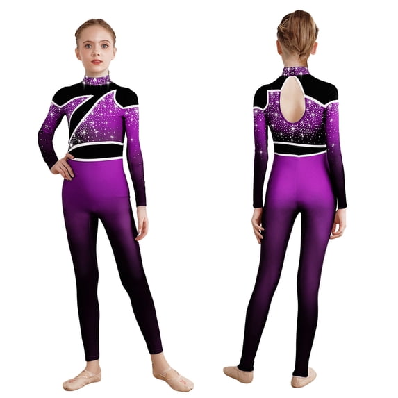 Aislor Girls Shiny Rhinestone Full Body Unitard Gradient Long Sleeve ...
