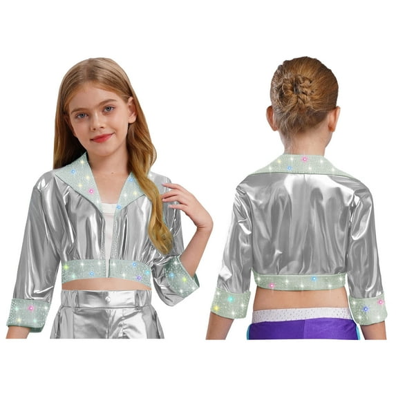 Aislor Girls Shiny Rhinestone Metallic Jacket Disco Hip Hop Jazz Dance ...