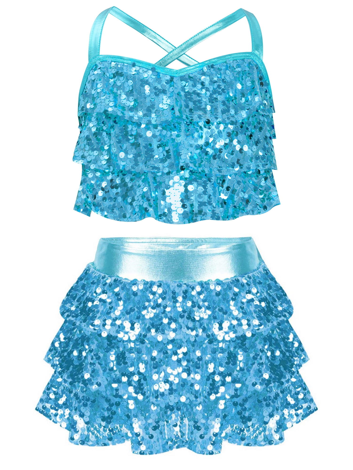 Aislor Girls Shiny Sequins Halter Tassel Crop Top with Mini Skirt Set ...