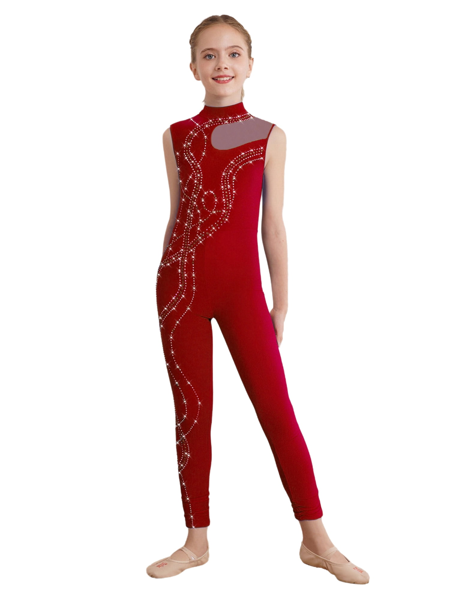 Aislor Girls Sleeveless Sparkly Rhinestone Full Body Unitard Gymnastics ...