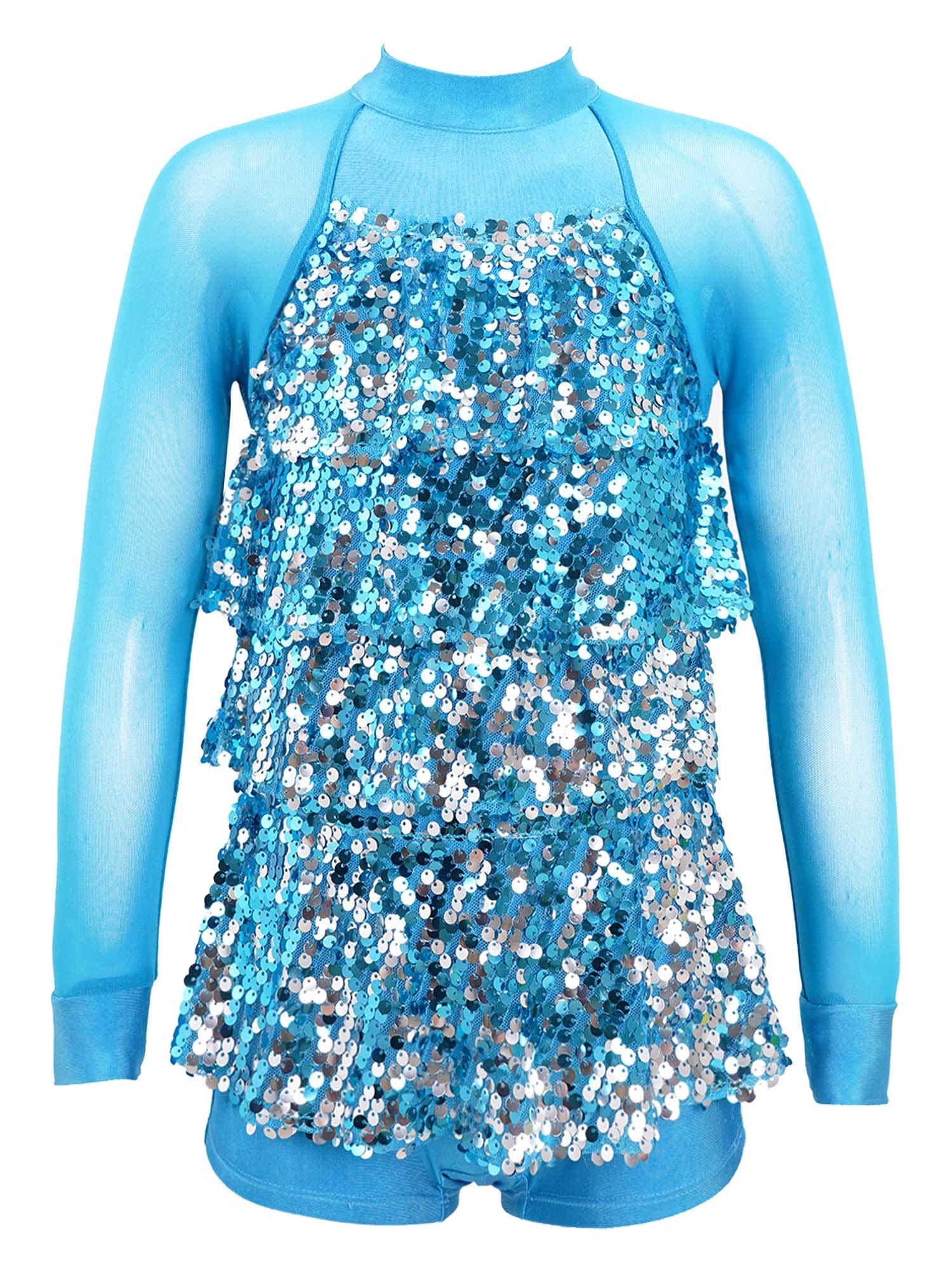 Aislor Girls Sparkly Sequin Ballet Dance Leotard Dress Mesh Long Sleeve ...