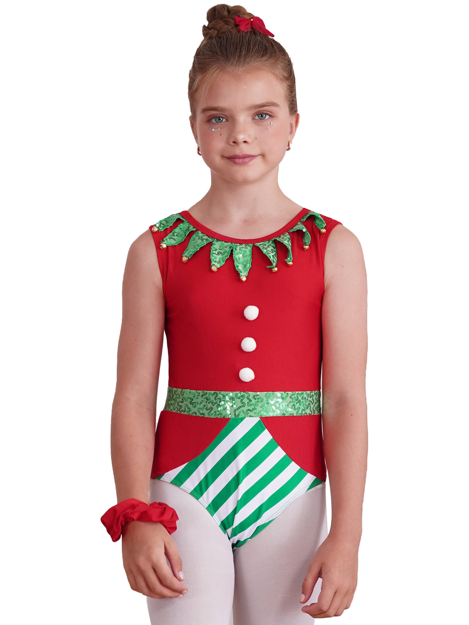 Aislor Kids Christmas Elf Costume Sequins Jumpsuit Gymnastic Dance ...