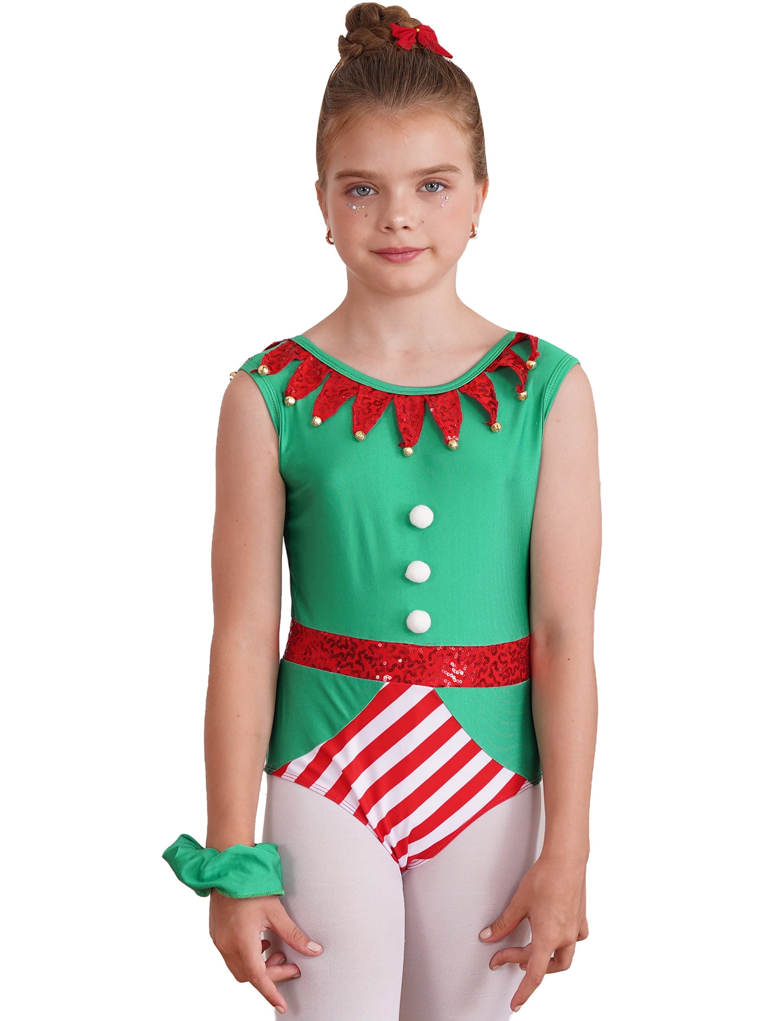 Aislor Kids Christmas Elf Costume Sequins Jumpsuit Gymnastic Dance ...