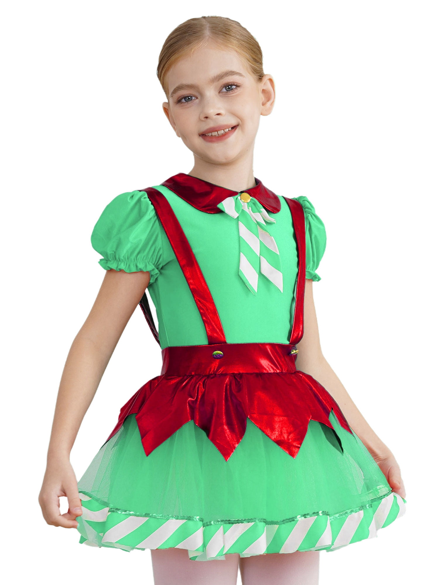 Aislor Kids Girl Short Puff Sleeve Christmas Elf Doll Collar Tulle Tutu ...