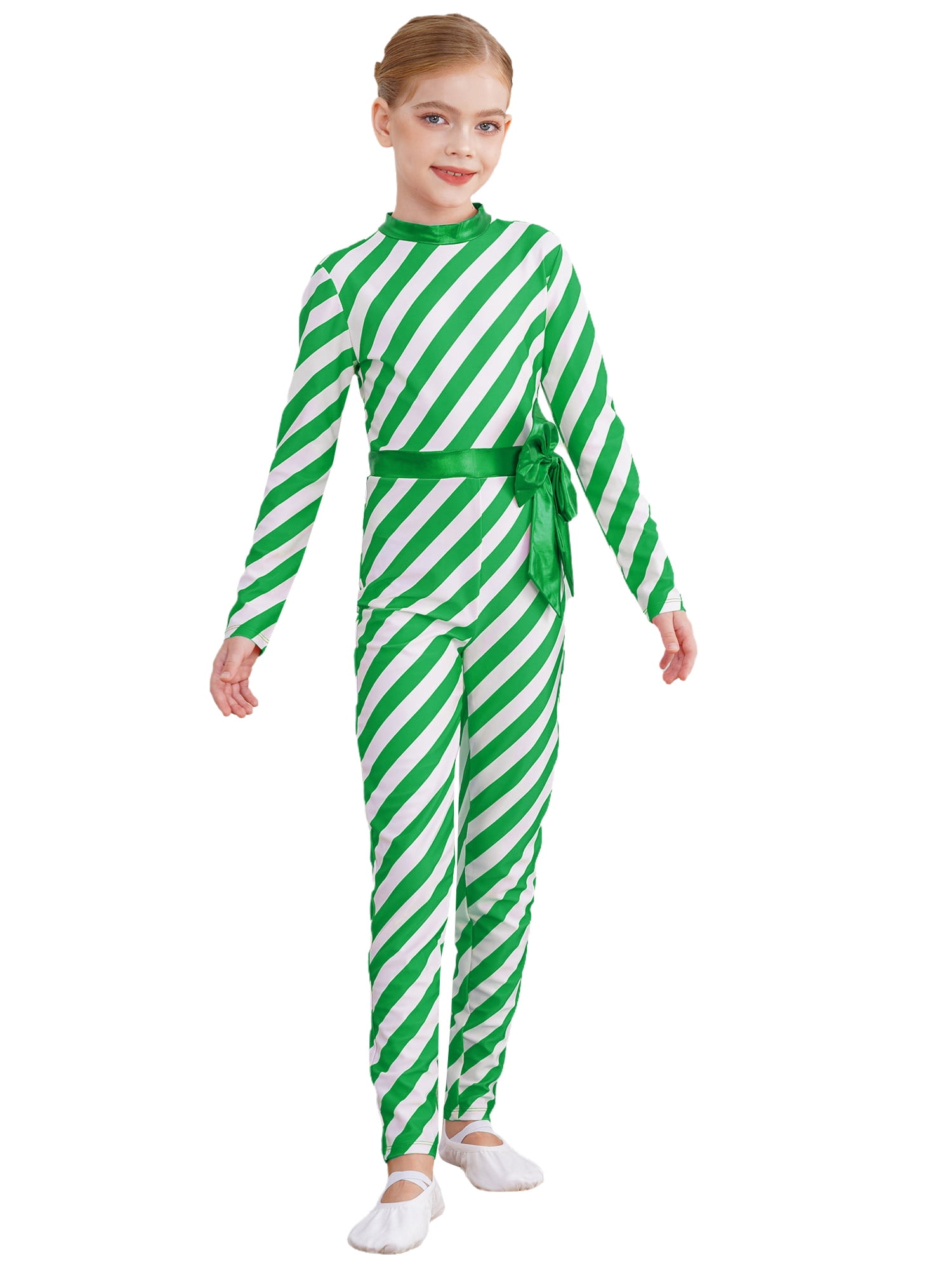 Aislor Kids Girls Christmas Candy Cane Striped Jumpsuit Dance Unitard ...