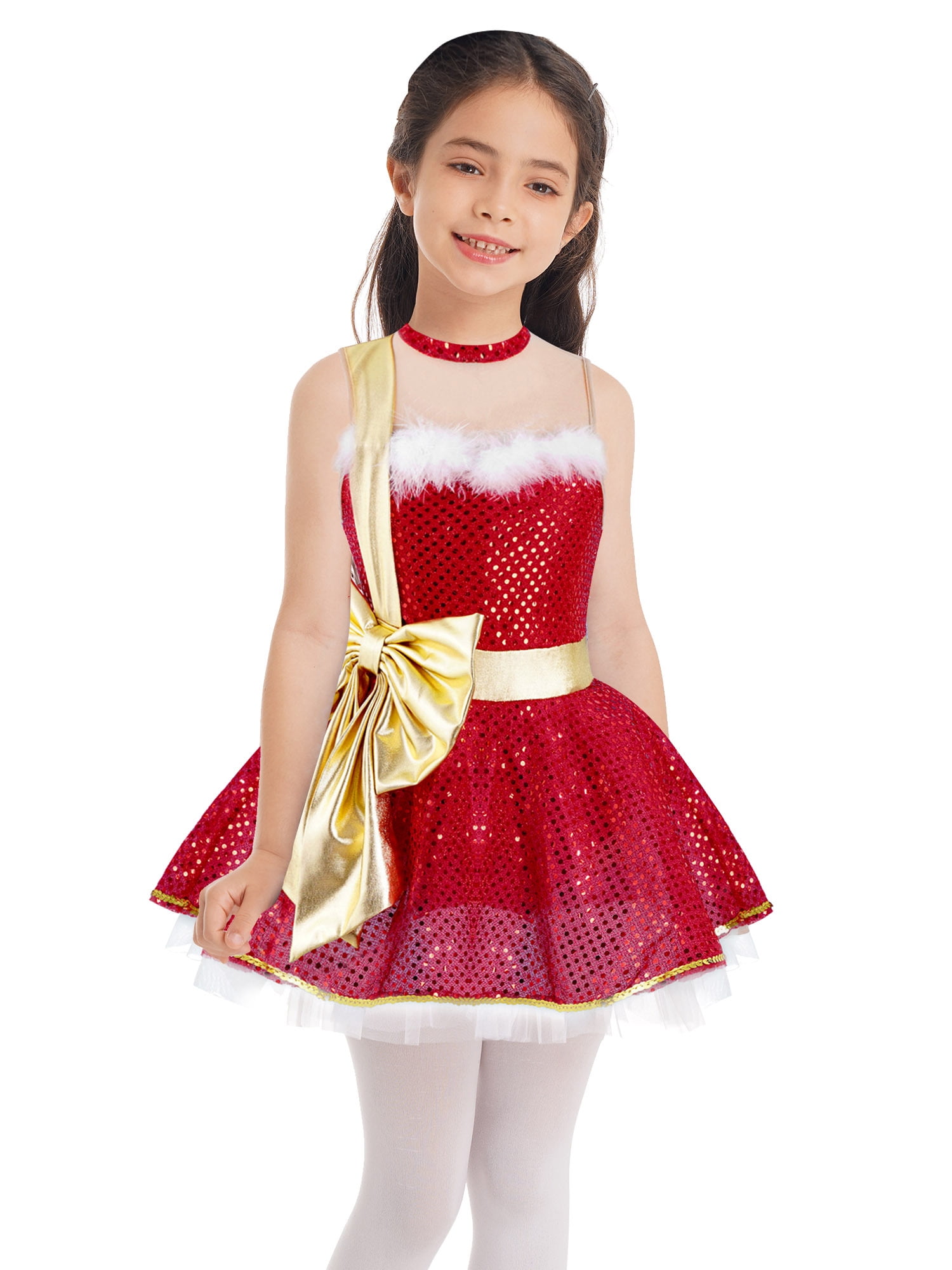 Aislor Kids Girls Christmas Mrs Claus Dress Up Sleeveless Sequins Shiny ...