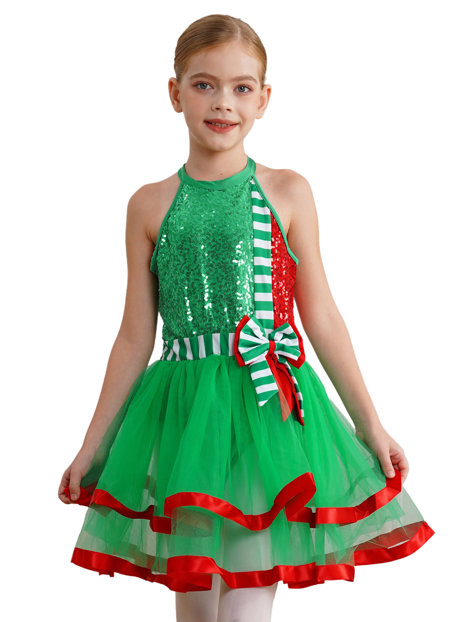 Aislor Kids Girls Christmas Santa Elf Costume Shiny Sequins Ballet ...