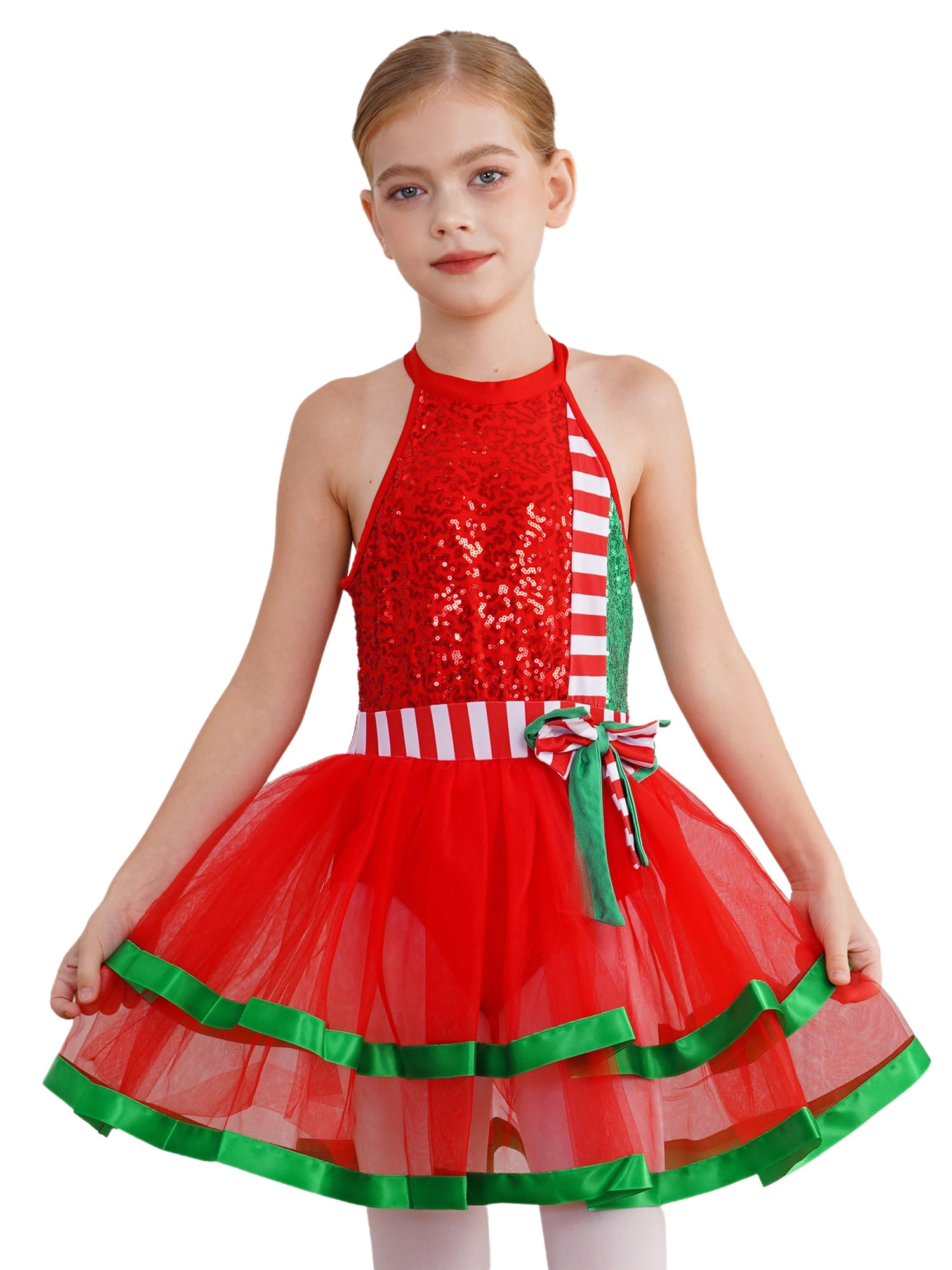 Aislor Kids Girls Christmas Santa Elf Costume Shiny Sequins Ballet ...