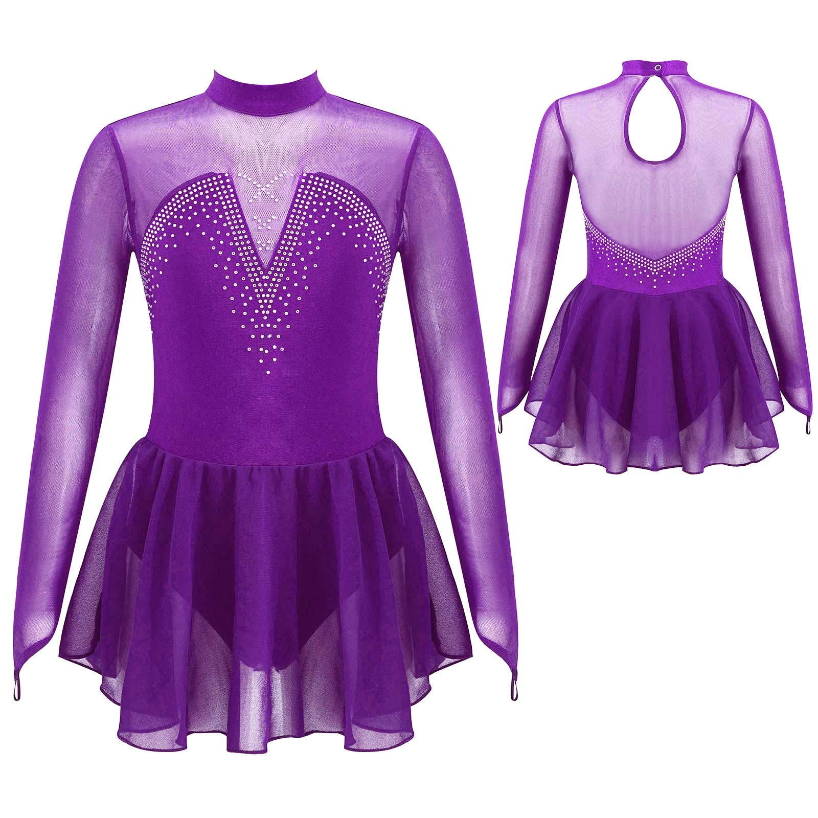 Aislor Kids Girls Figure Ice Skating Dress Juniors Mesh Long Sleeve ...