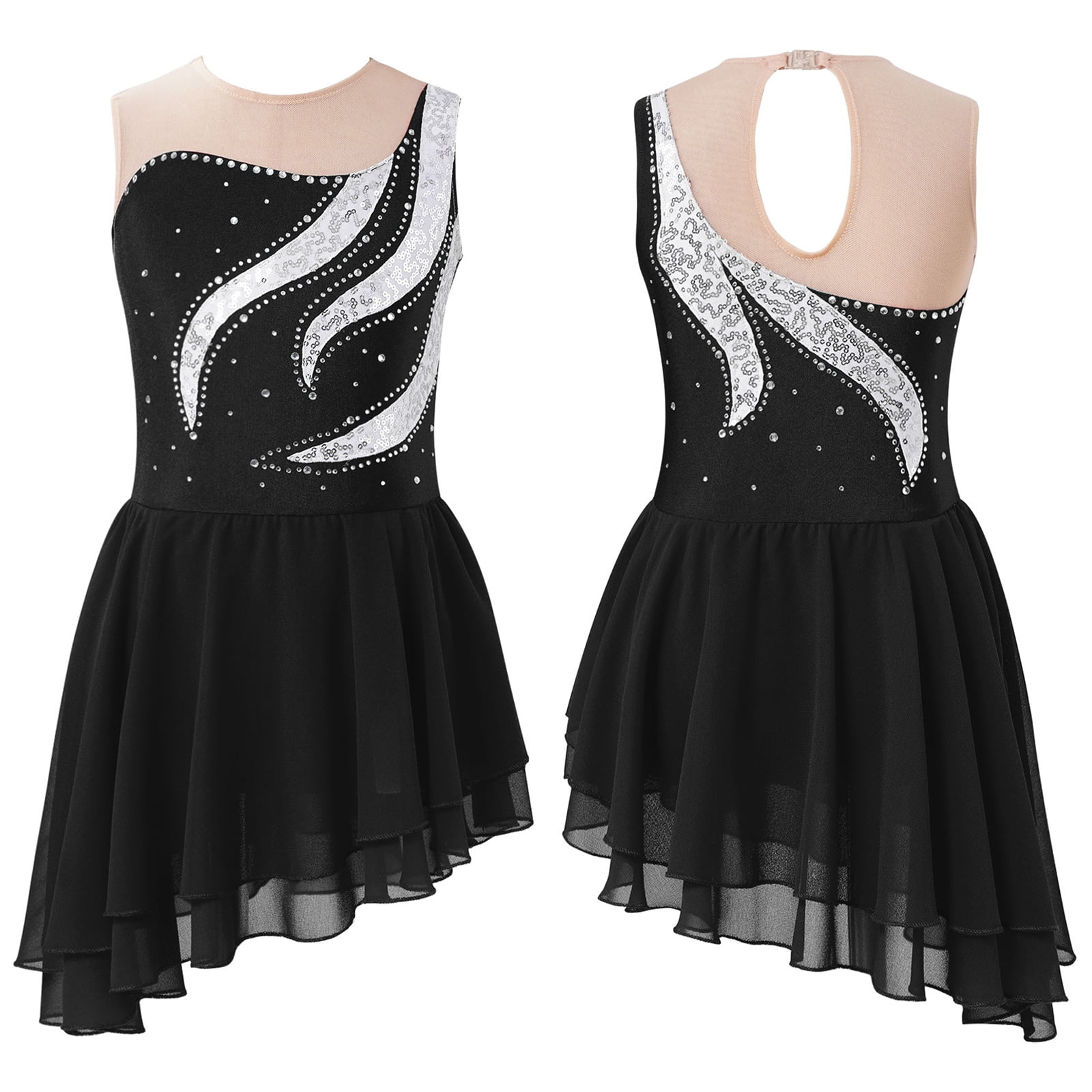 Aislor Kids Girls Figure Ice Skating Dress Sparkly Mesh Splice Chiffon ...