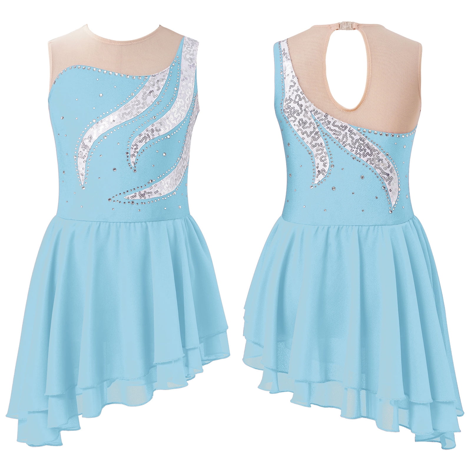 Aislor Kids Girls Figure Ice Skating Dress Sparkly Mesh Splice Chiffon ...