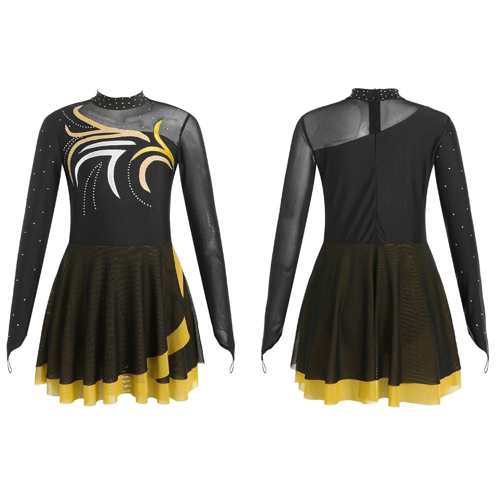 Aislor Kids Girls Figure Skating Long Sleeve Rhinestone Sheer Mesh ...