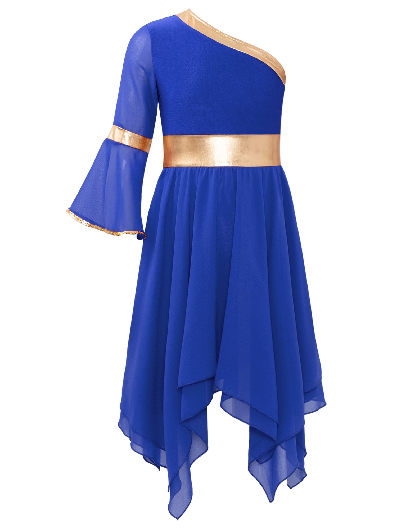 Aislor Kids Girls One Shoulder Color Block Robe Dance Dress Tunic ...