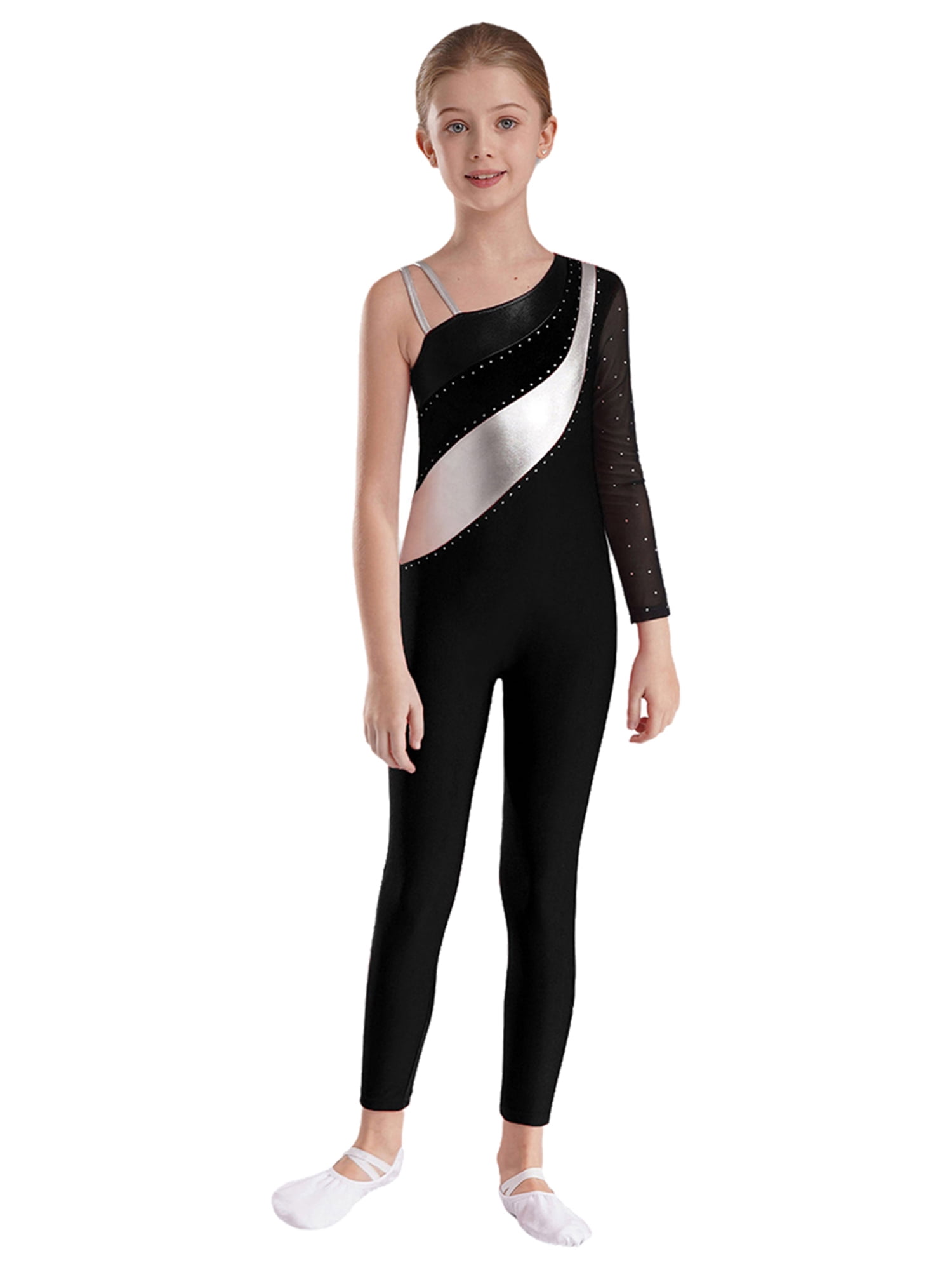 Aislor Kids Girls One Shoulder Contrast Color Full Body Dance Unitard ...