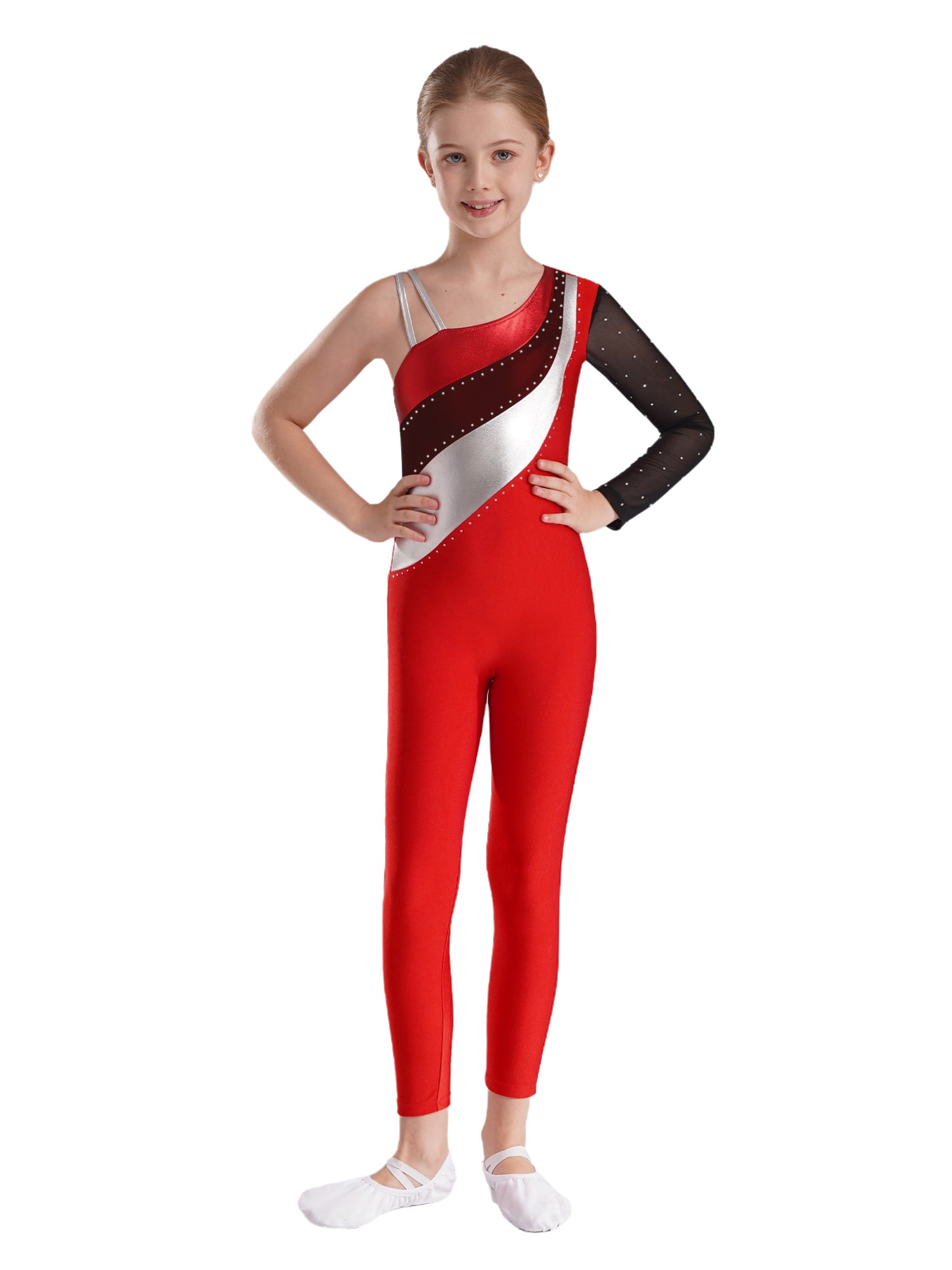 Aislor Kids Girls One Shoulder Contrast Color Full Body Dance Unitard ...