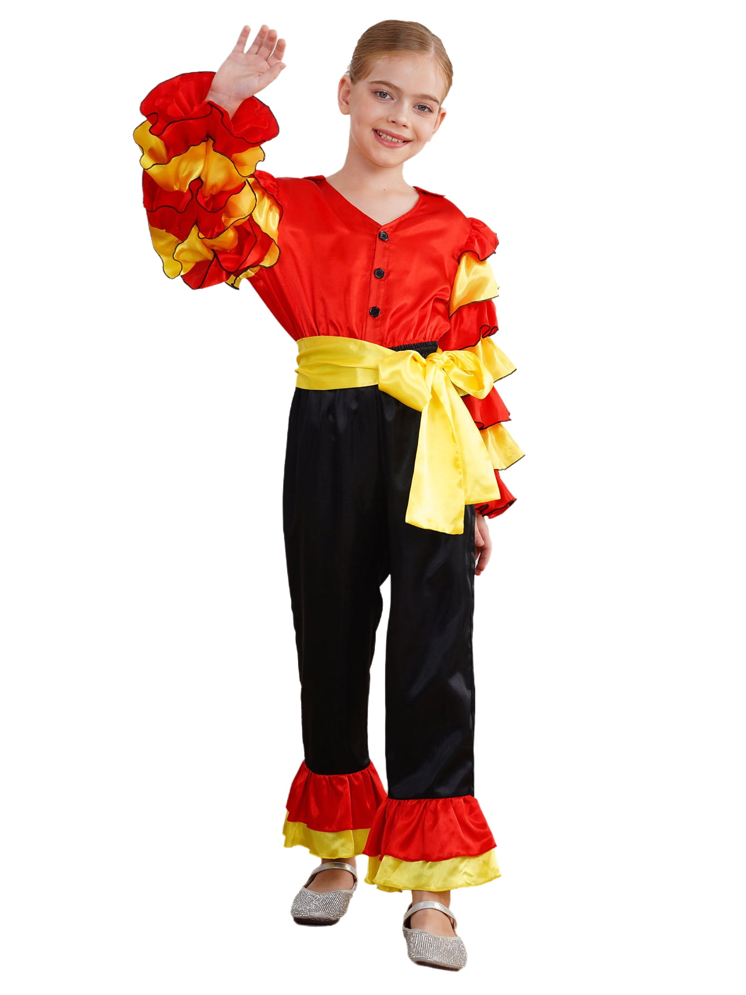 Aislor Kids Girls Rumba Dance Costume Tiered Flare Long Sleeve Jumpsuit ...