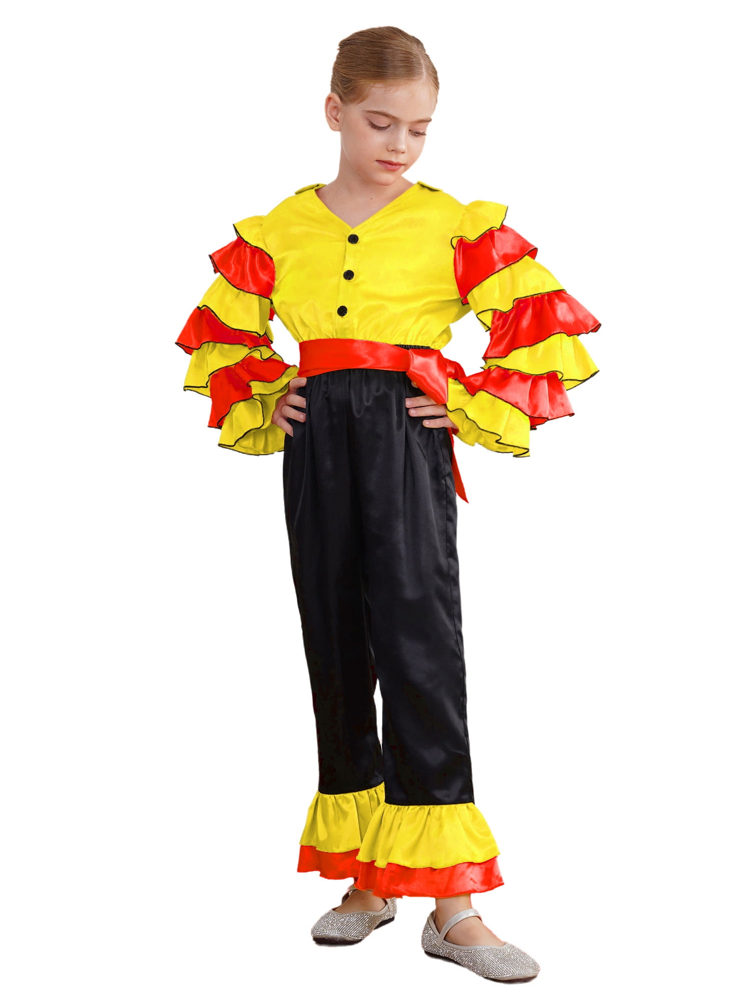 Aislor Kids Girls Rumba Dance Costume Tiered Flare Long Sleeve Jumpsuit ...