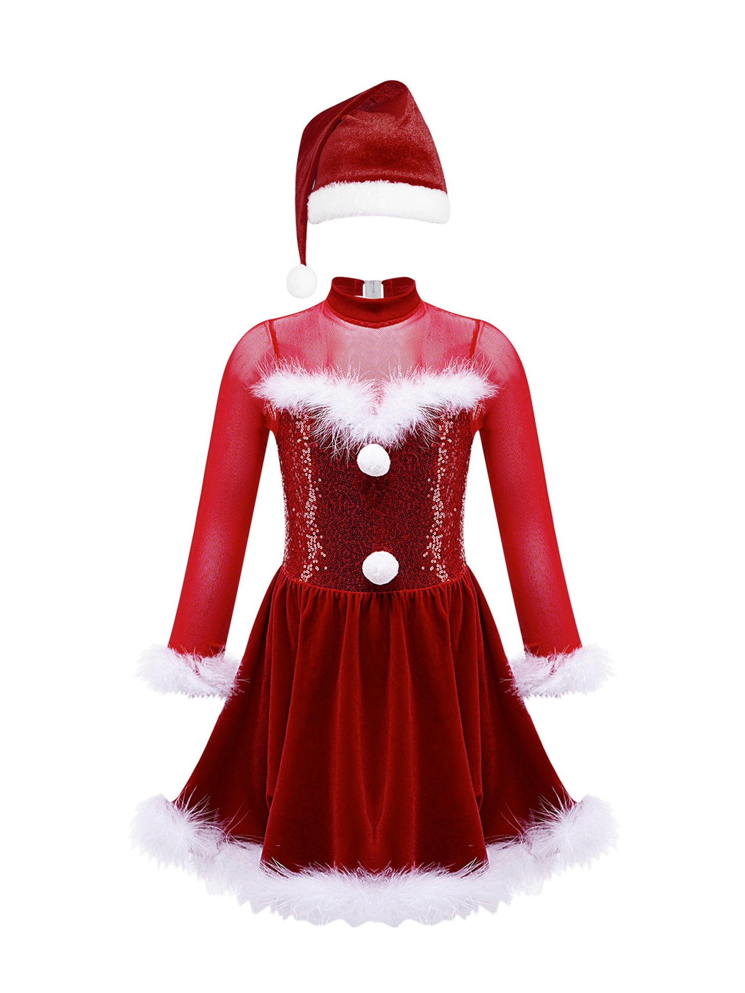 Aislor Kids Girls Santa Claus Dance Costume Ice Skating Long Sleeve ...