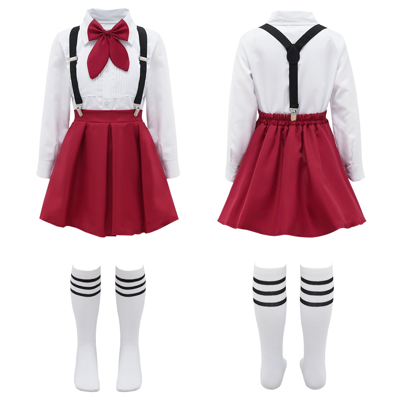Aislor Kids Girls School Uniform Long/Short Sleeve Shirt and Suspender ...