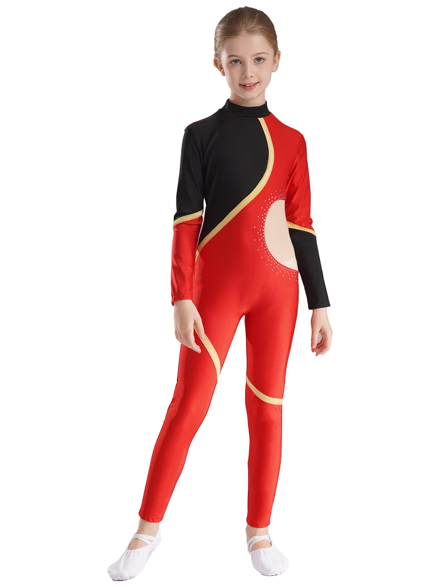 Aislor Kids Girls Shiny Rhinestones Mock Neck Long Sleeve Leotard ...