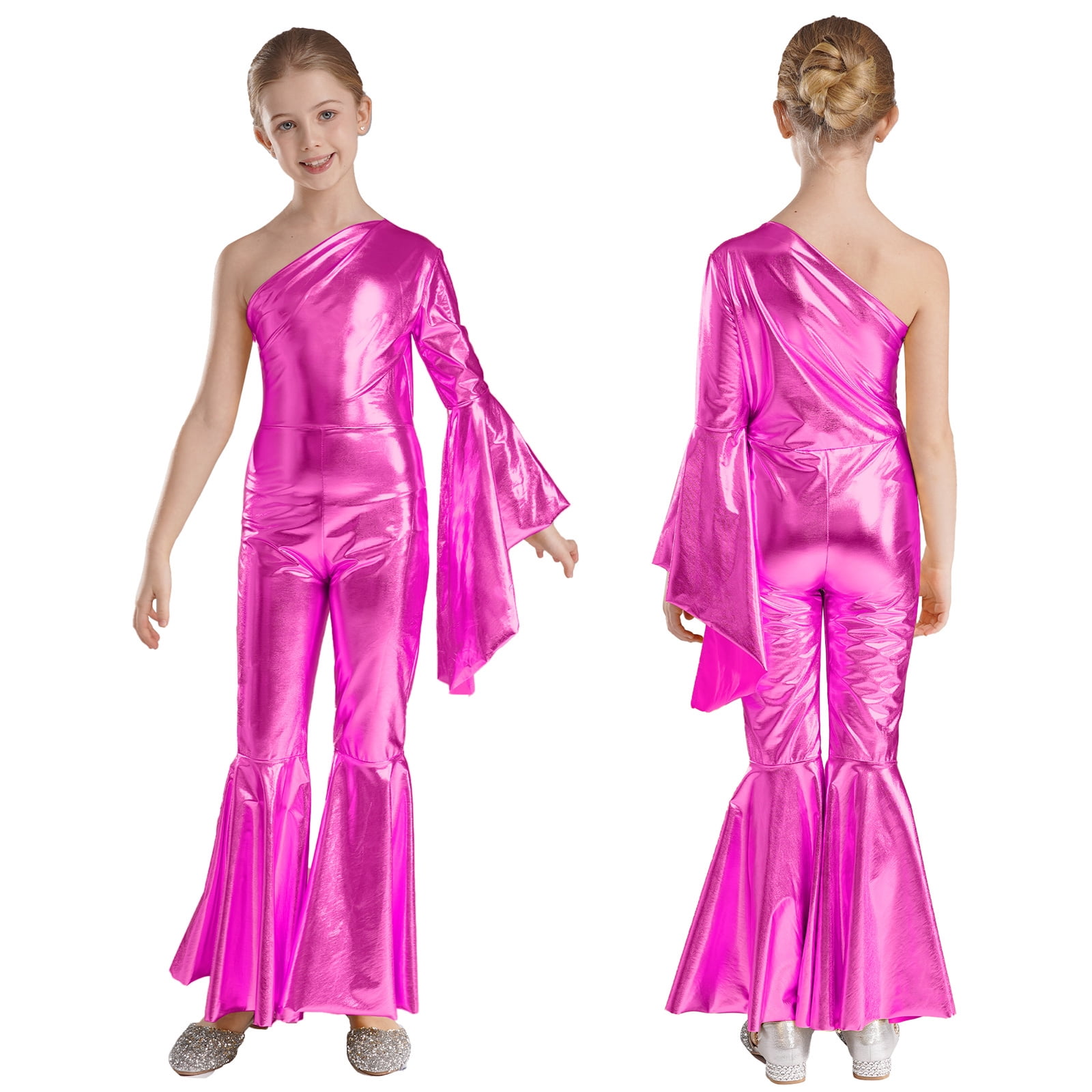 Aislor Kids Girls Sparkle One Shoulder Long Sleeve Wide Leg Romper ...