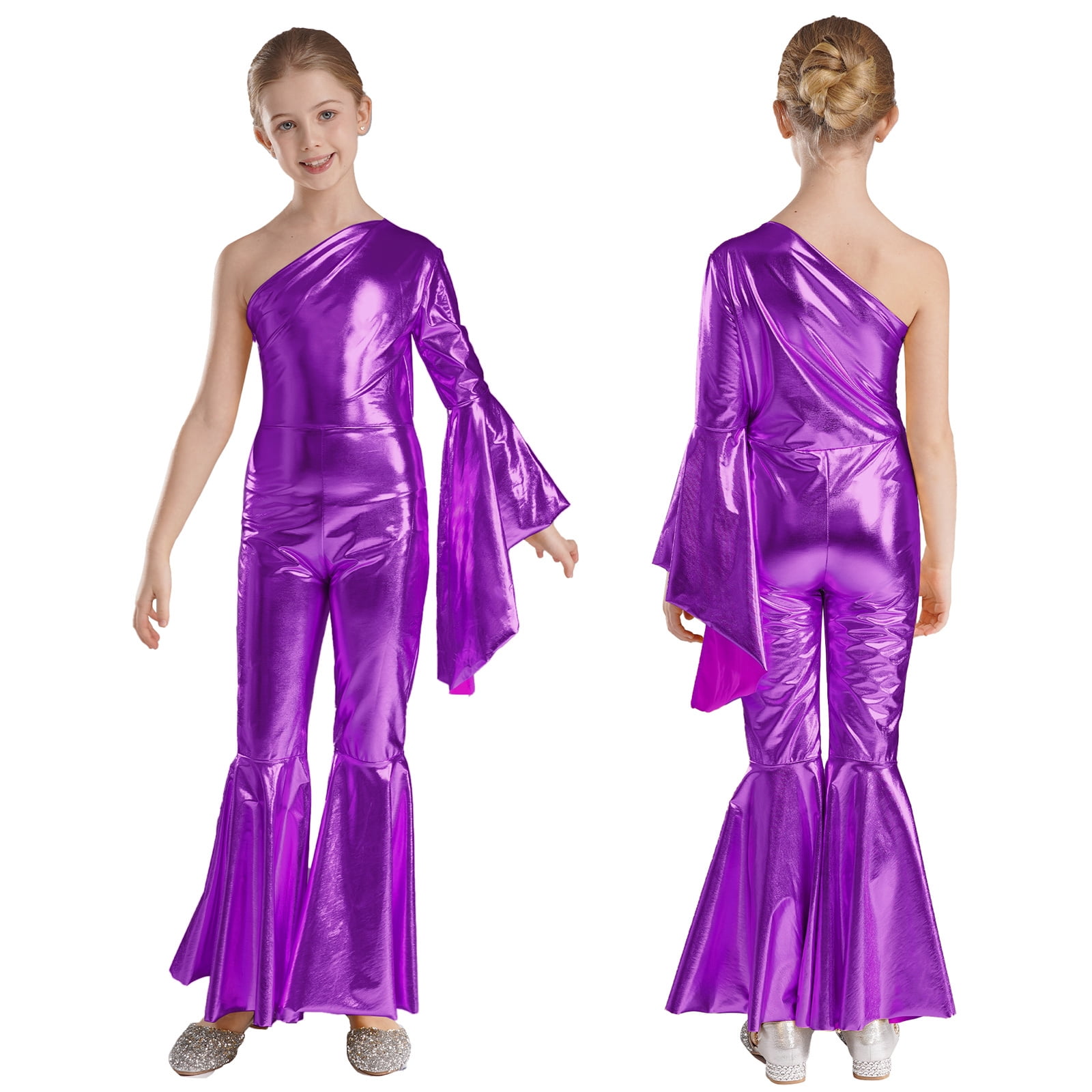 Aislor Kids Girls Sparkle One Shoulder Long Sleeve Wide Leg Romper ...