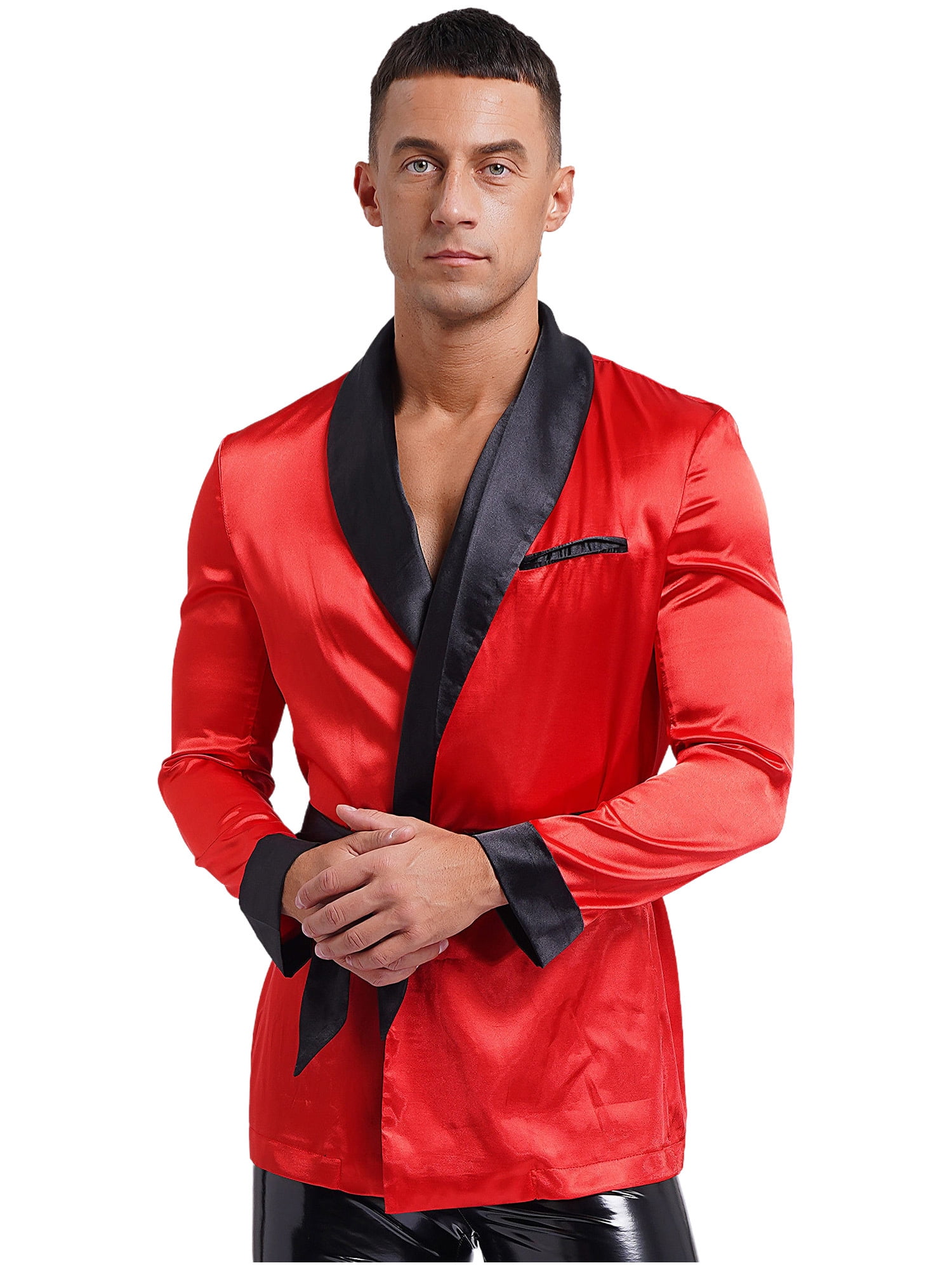 Aislor Men Satin Smoking Robe Bathrobe with Belt Long Sleeve Jacket ...