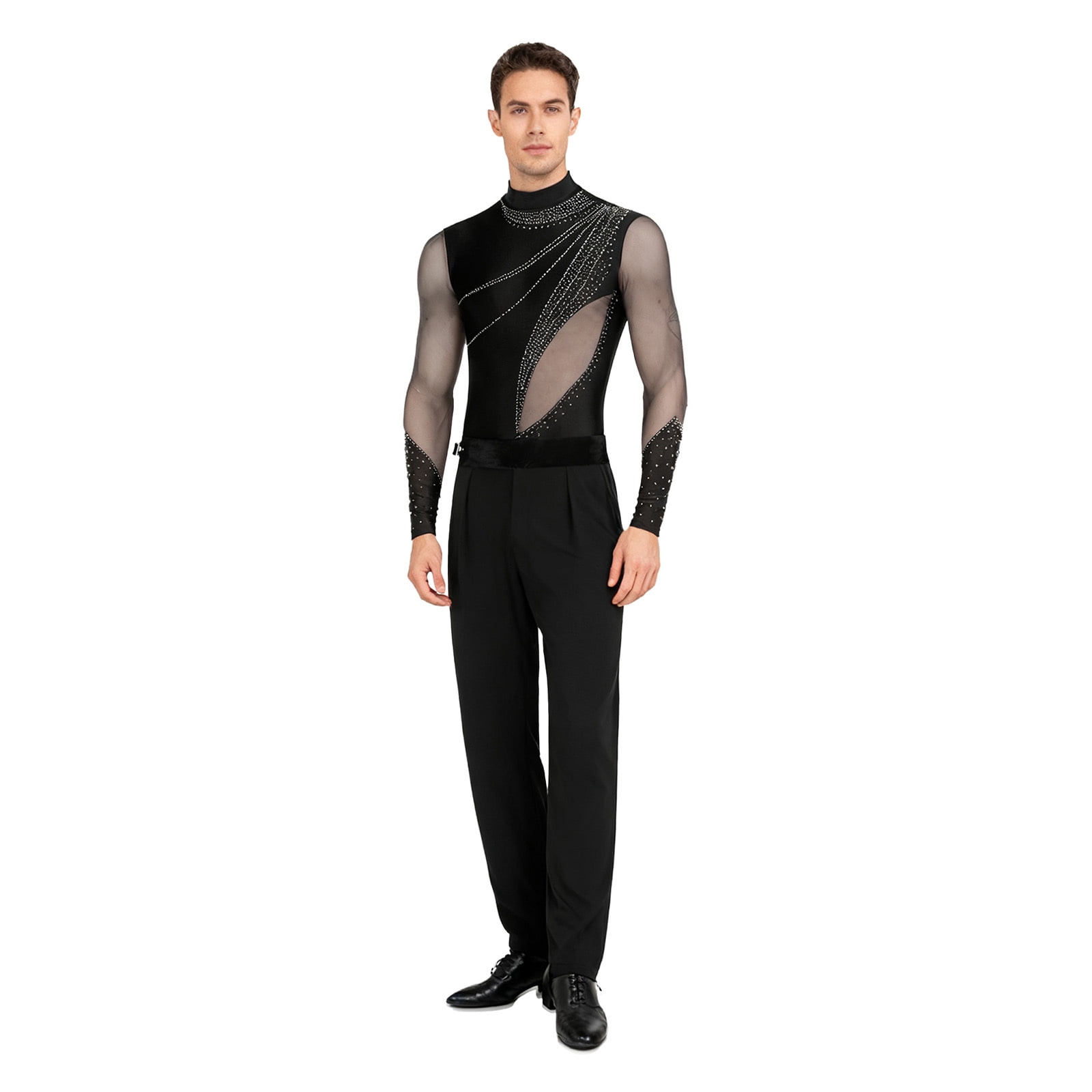 Aislor Men's Mesh Rhinestones Latin Ballroom Dance Leotard Set Unitard ...