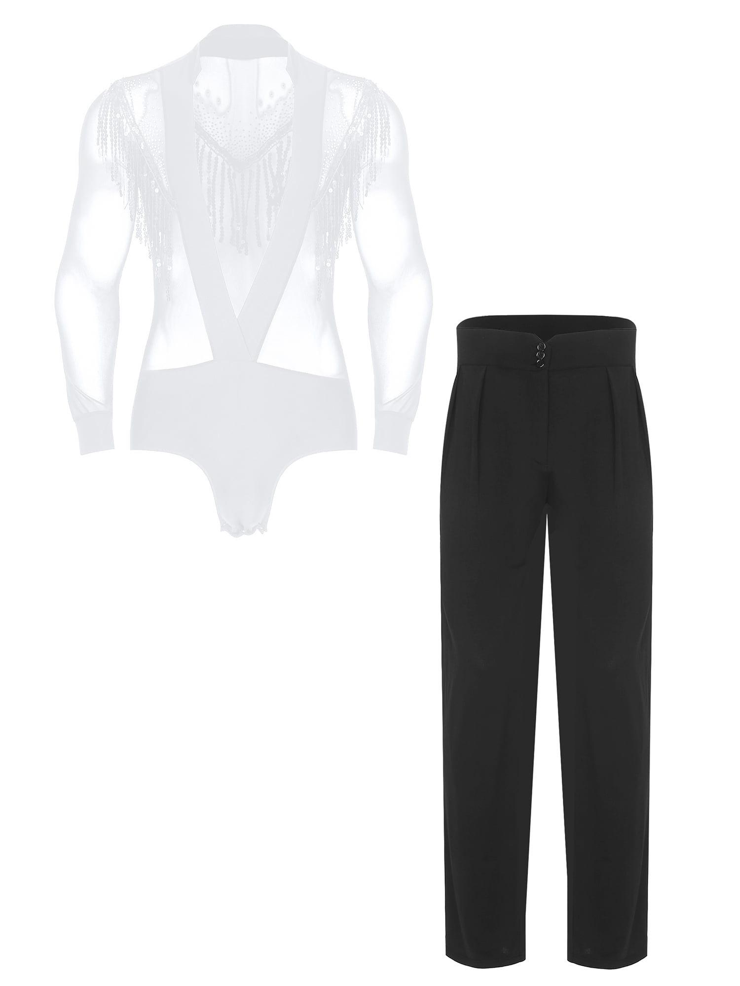 Aislor Mens Latin Chacha Dance Outfits Deep V-neck Sequin Tassel Mesh ...